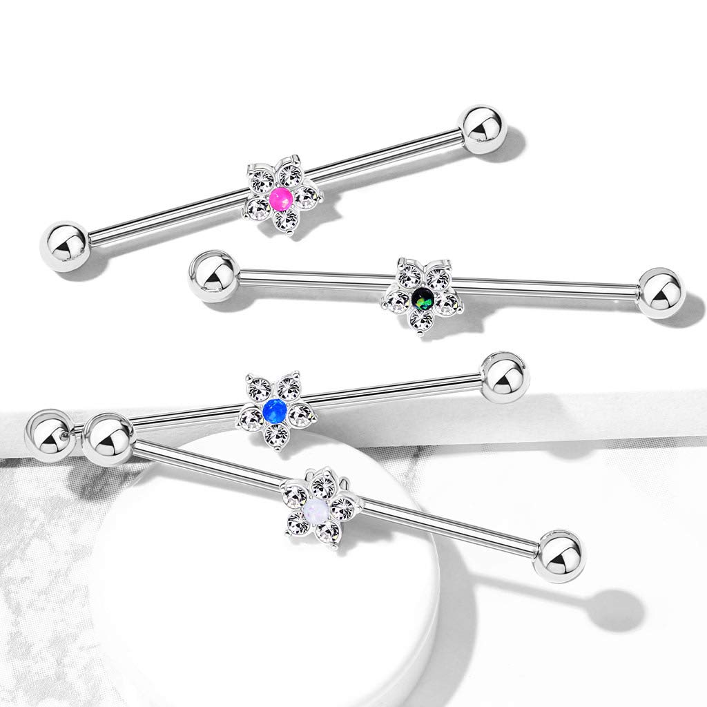 MoBody 5 CZ Flower with Created Opal Center 316L Surgical Steel Industrial Barbell Cartilage Earring 14G (1.6mm) (Blue)