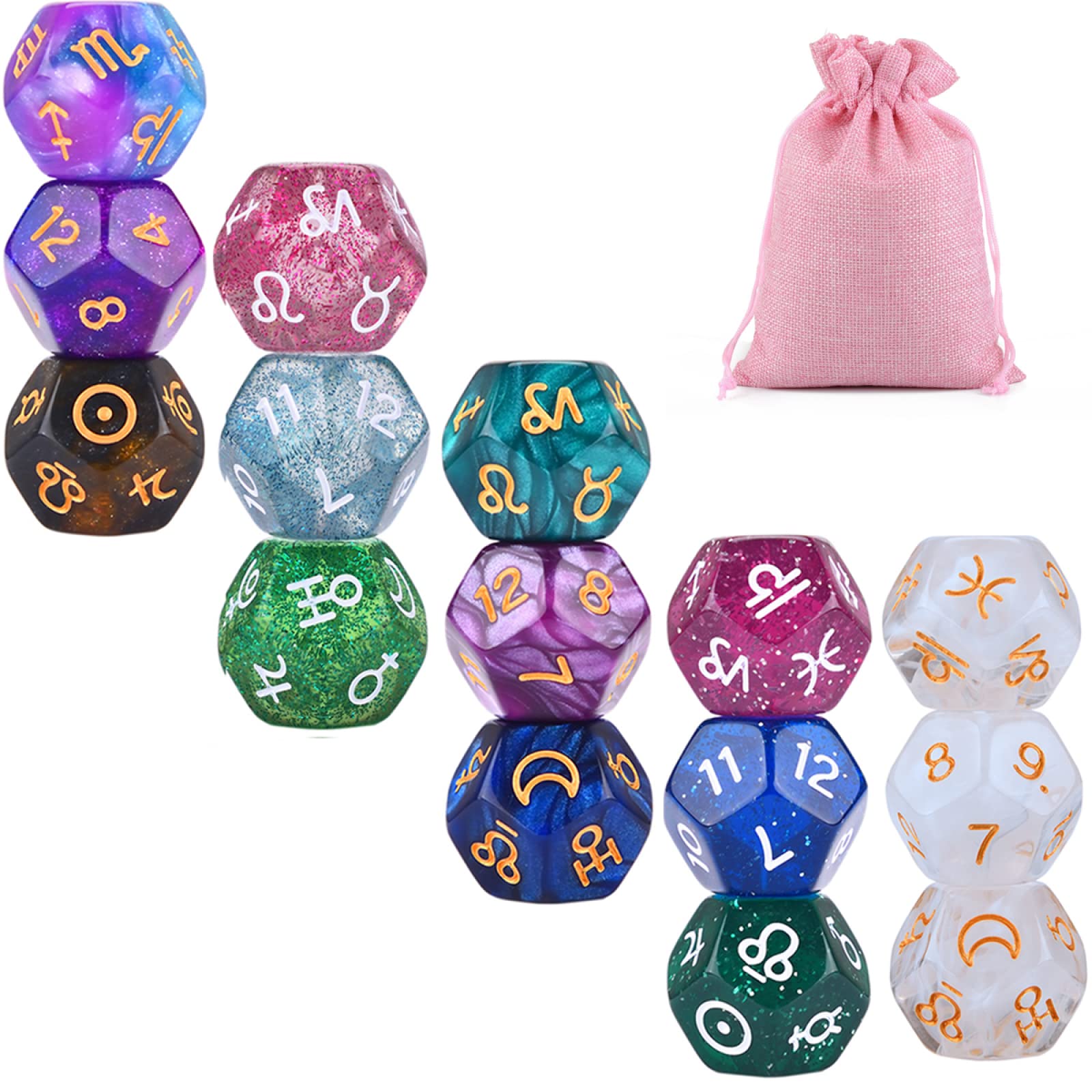Tarot Cards Dice D12 Astrological Dice Polyhedral Astrology Dice Constellation Sign Zodiac Signs With Bag-15pcs