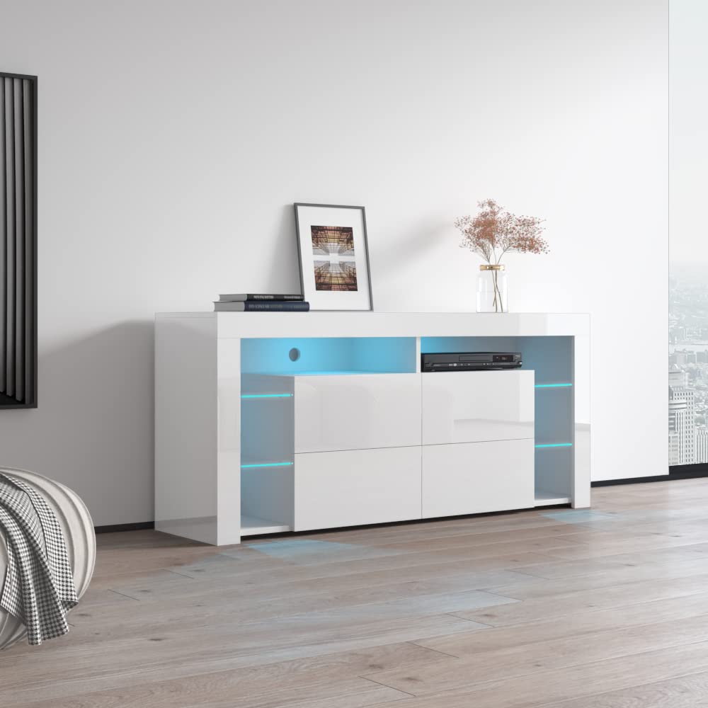 Meble Furniture Minelli TV Stand for TVs up to 70", Modern High Gloss 61" Entertainment Center, TV Media Console with Storage Cabinets and LED Lights