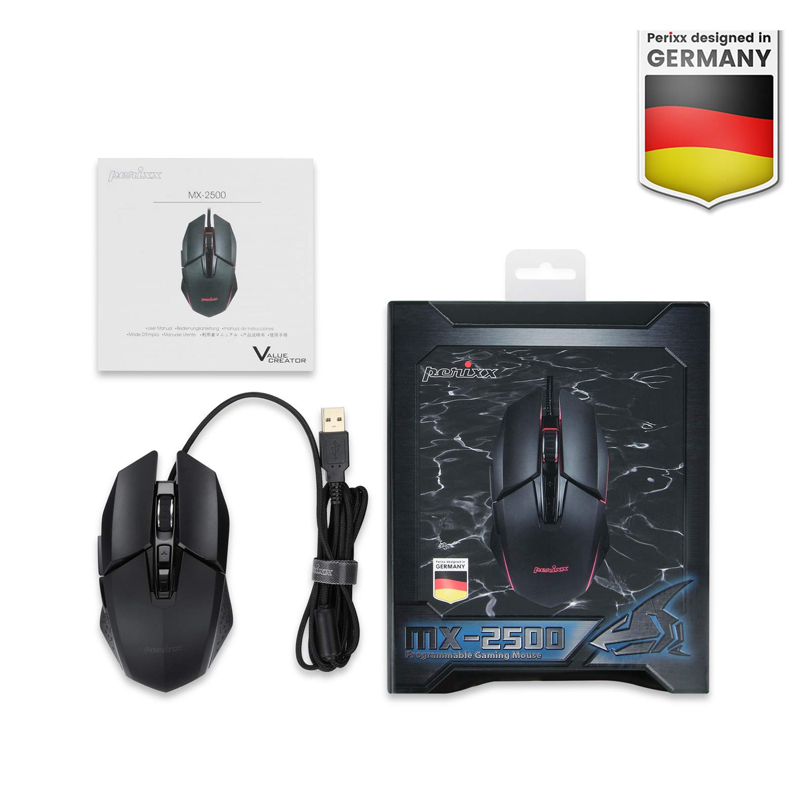 Perixx MX-2500B Wired Gaming Mouse, 5 Adjustable DPI Presets 500-10,800, RGB Lighting, 7 Programmable Buttons, Omron Switches, Ergonomic Design for PC Computer Gaming, Black (11724)