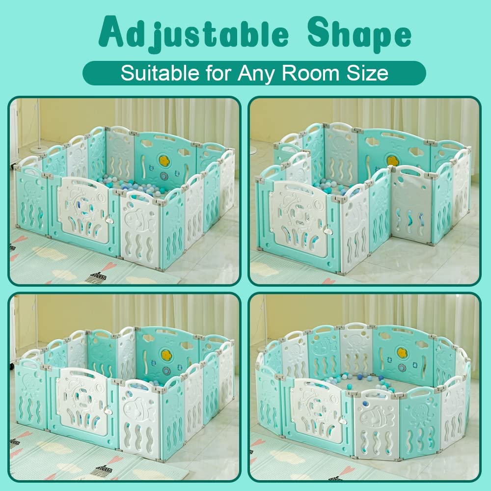 Play Yard Baby Playpen 14 Panels Foldable - Kids Safety Play Center Yard Game Panel and Gate with Safety Lock Adjustable Shape for Children Toddlers Indoors and Outdoors 25 Sq Ft(Blue+White)