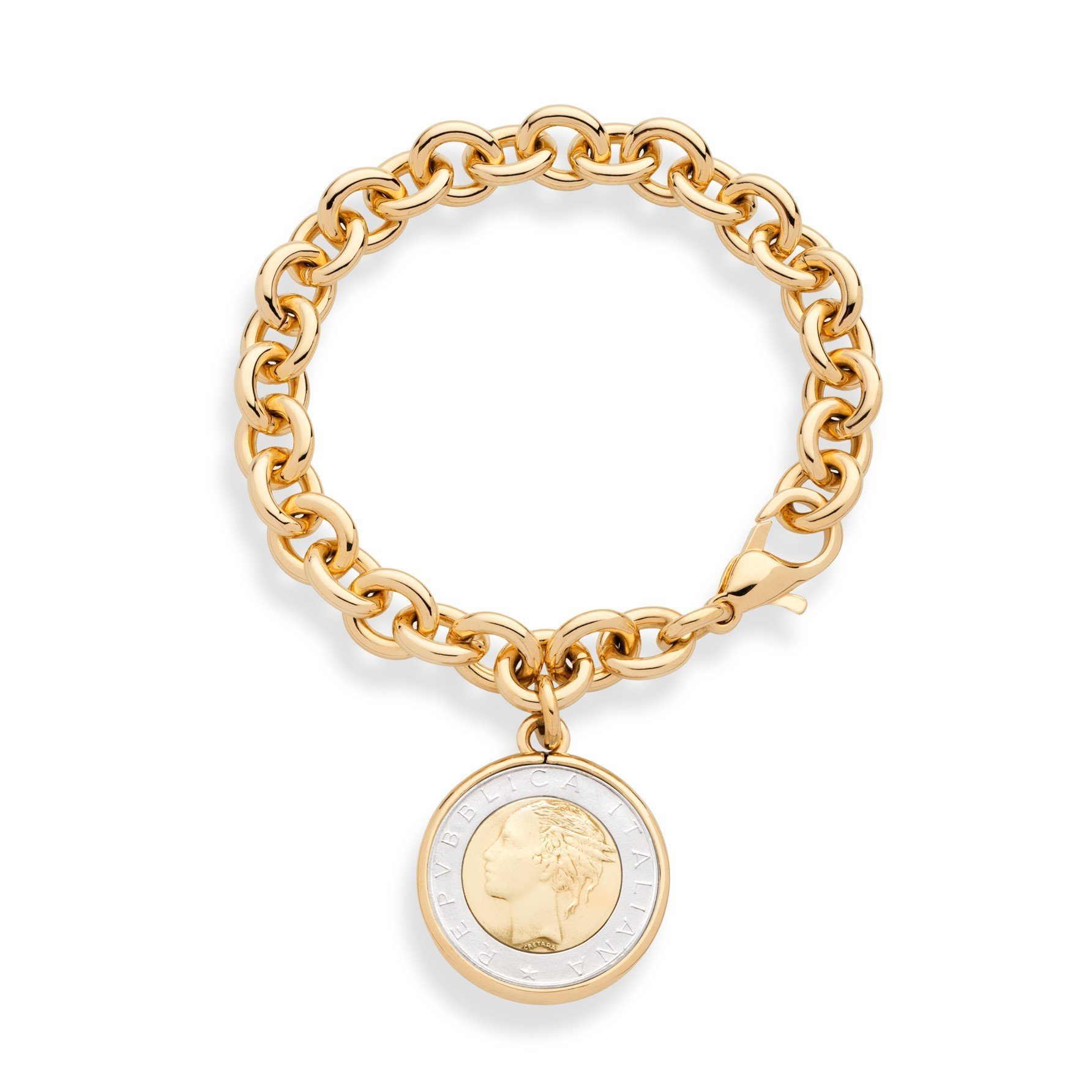 Miabella 18K Gold over Bronze Italian Genuine 500-Lira Coin Charm Rolo Link Chain Bracelet for Women Made in Italy