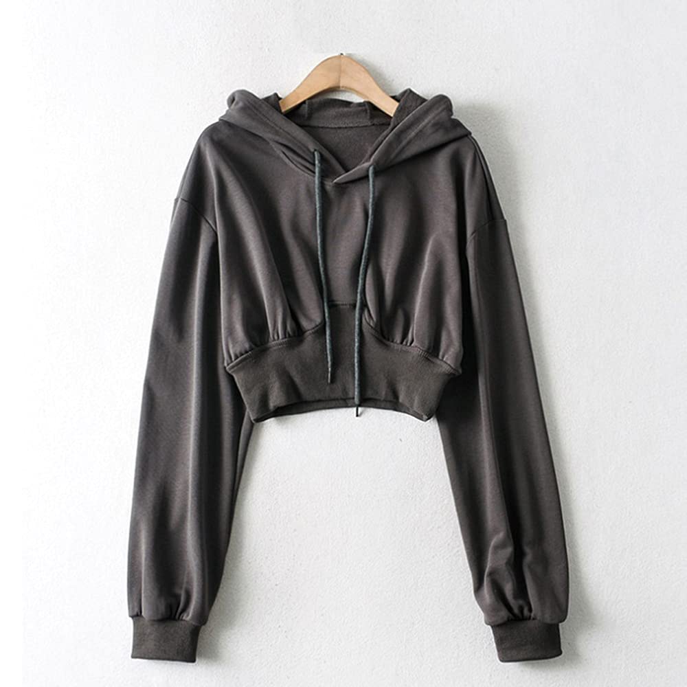 Oiefeen Women's Long Sleeve Sweatshirt Waist Drawstring Short Top High Waist Hoodie (Dark gray, M) …