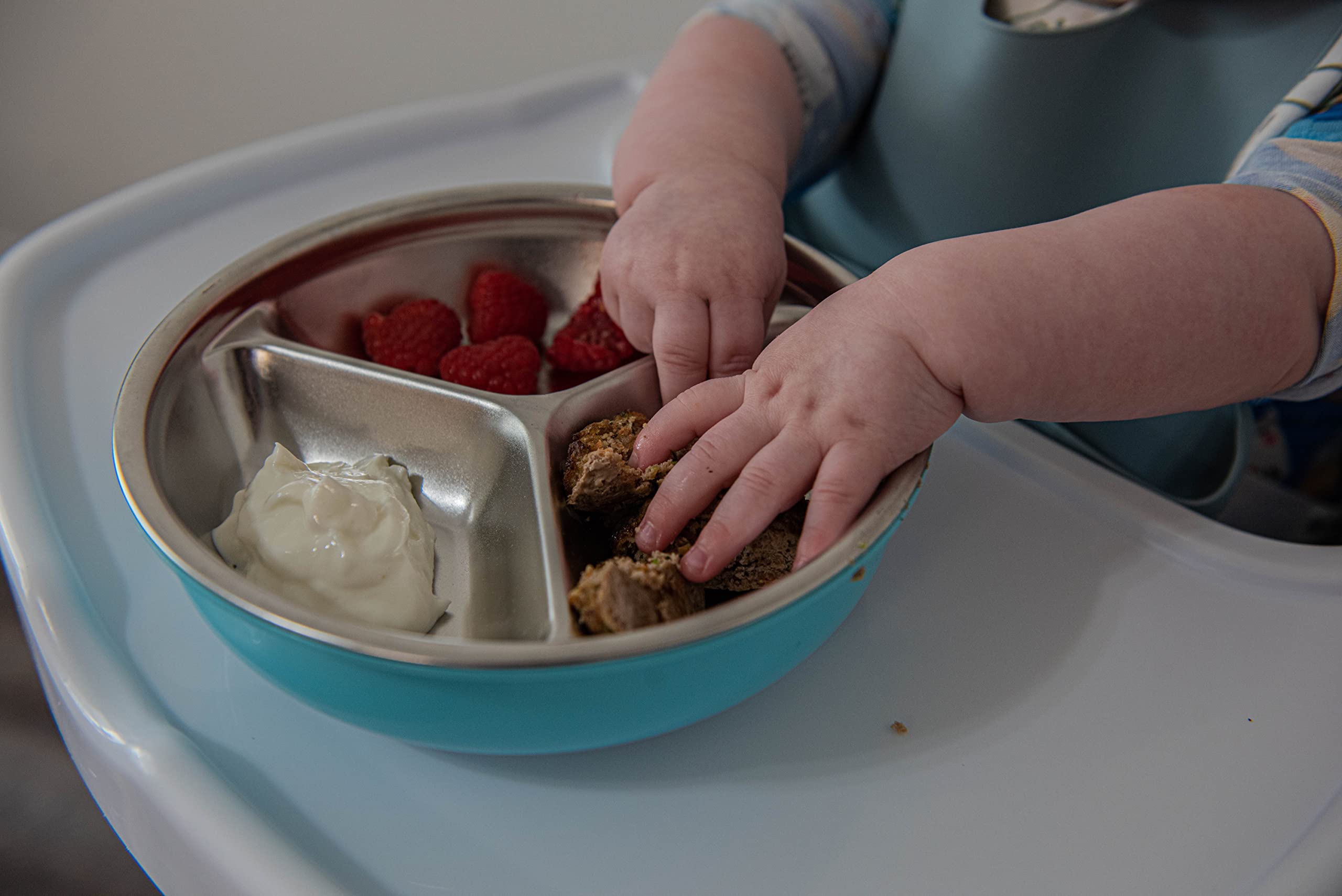 Wild & Free Ranch Stainless Steel Plate and Bowl Combo with Strong Anti-Slip Removeable Suction and Semi-Transparent Lid Designed for Children (Blue)