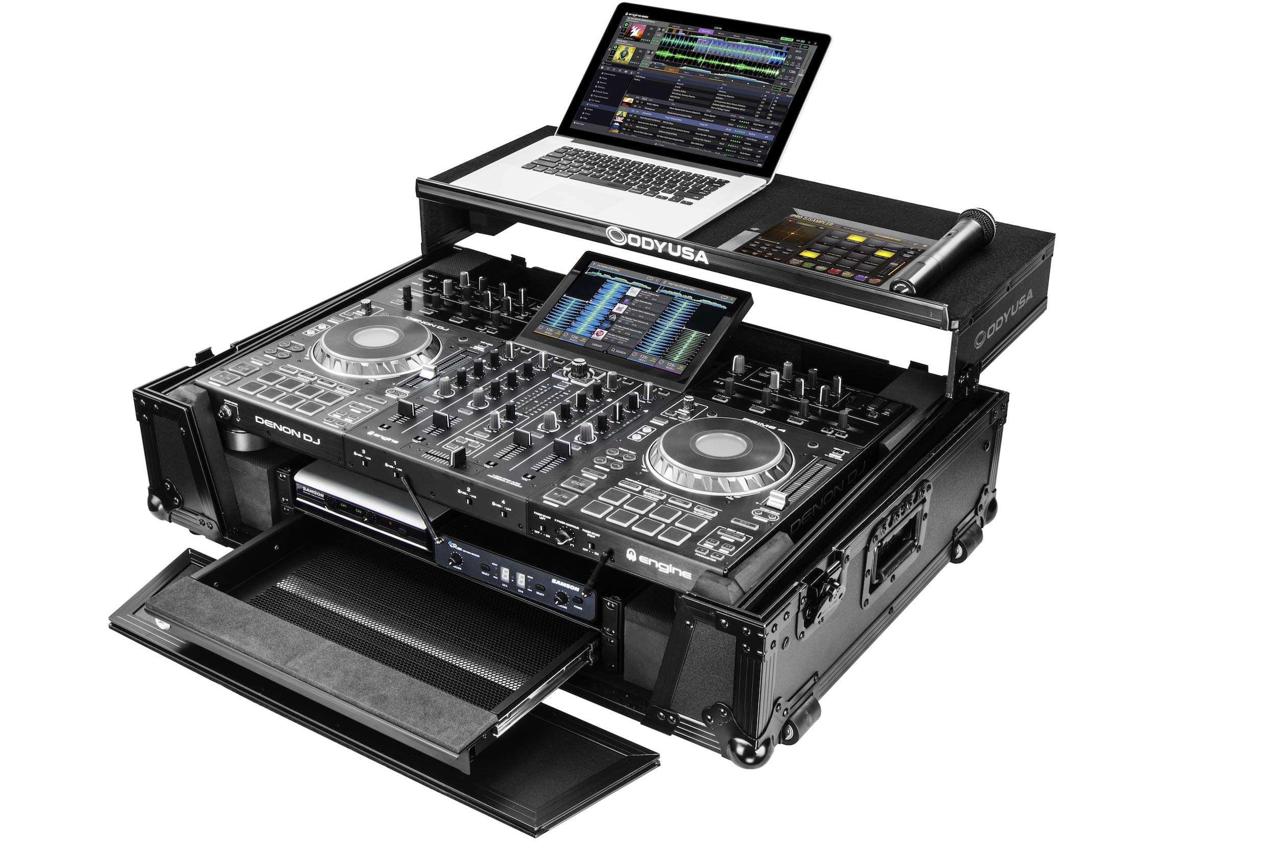 ODYSSEY FZGSPRIME4W2BL Denon Prime 4 Black Flight Case with Patented Glide Laptop Platform & 2U Rack Spaces