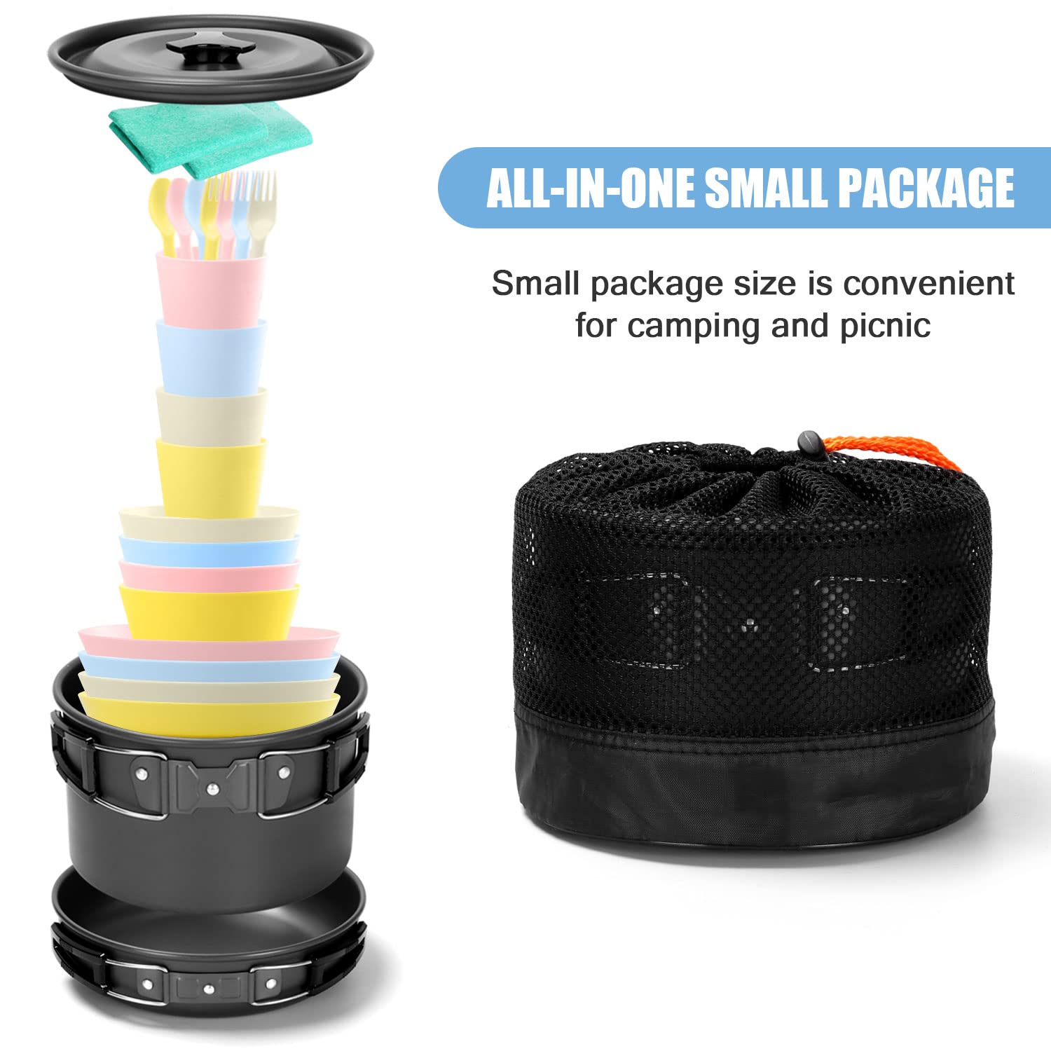 Odoland 27pcs Camping Cookware Mess Kit, Backpacking Cookware Pot Pan with Camp Plates Cups and Bowls, Non-Stick Portable Cookware Set for Outdoor Cooking, Camping Hiking, and Picnic