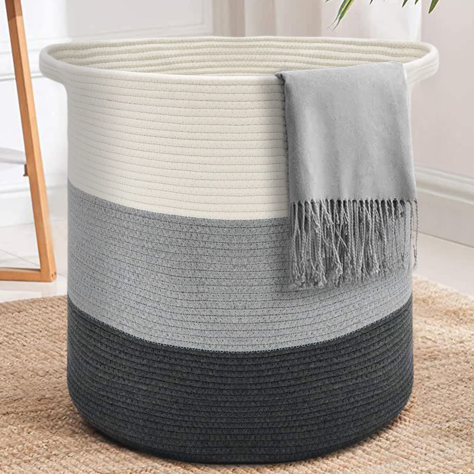 XKY XXXLarge Baskets Laundry Hamper,Rope Storage Basket with Long Handles,Decorative Basket for Living room,Woven Storage Basket for Toys Bin,Pillows, Blankets,Clothes-18x20in-Gradient Gradient Gray