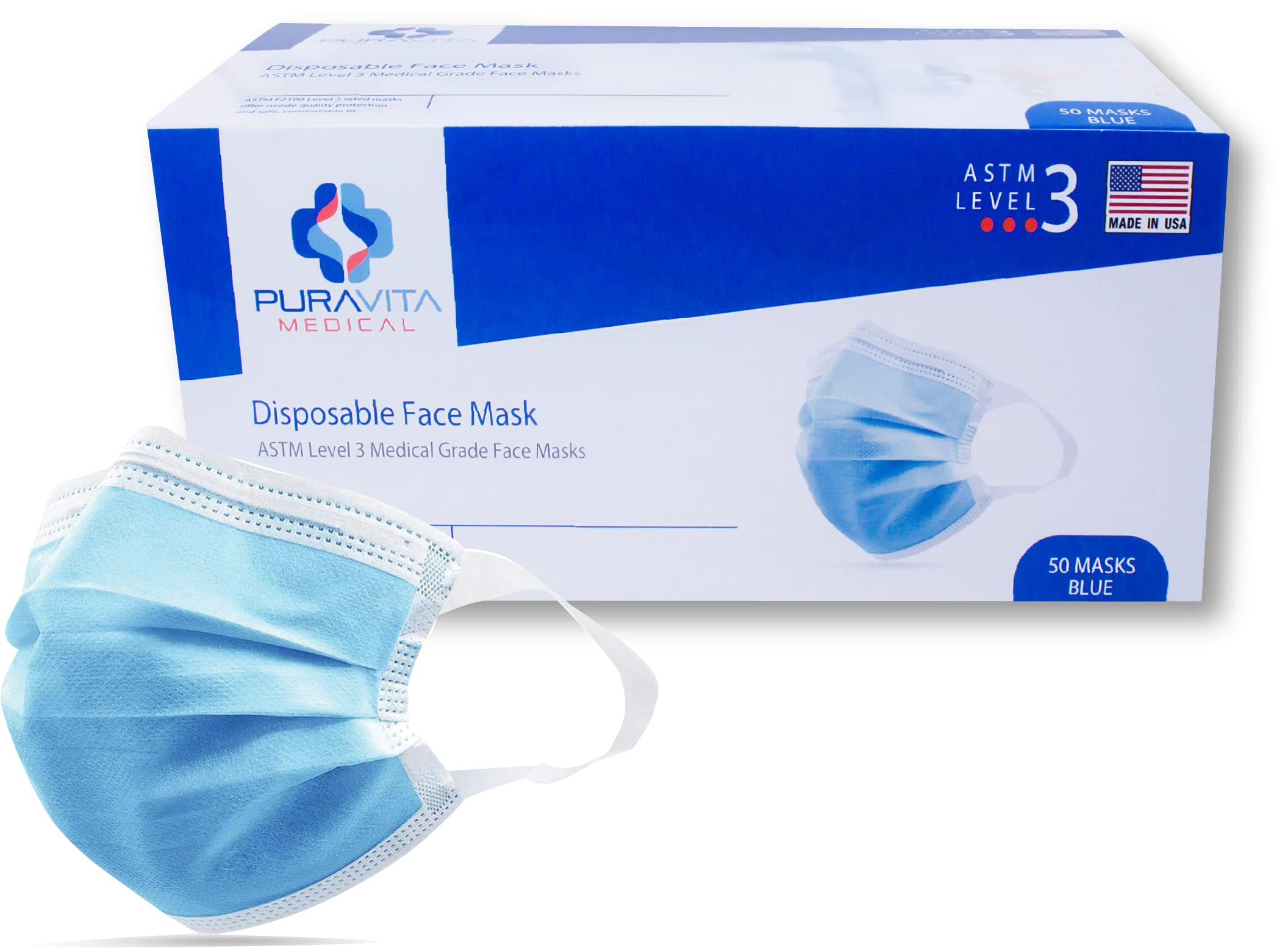 PURAVITA 3 Ply Ultra Soft Earloop Face Mask - High Filter Efficiency ⼠98% - MADE IN USA - ASTM Level 3 - Box/50