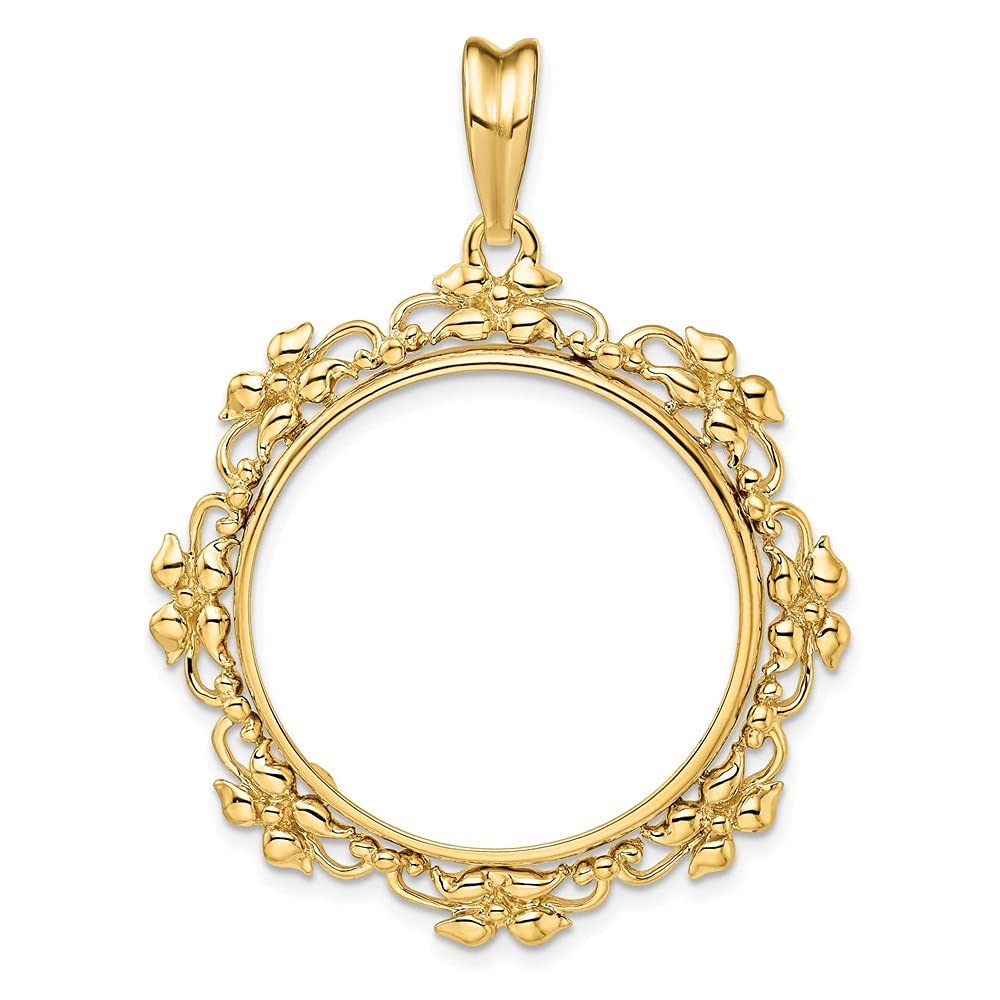 Roy Rose Jewelry Gold Coin Pendant Mounting - 27mm Coin Size - Flower Blossom Filigree Design Frame - 14K Yellow Gold - Prong Set with Bail