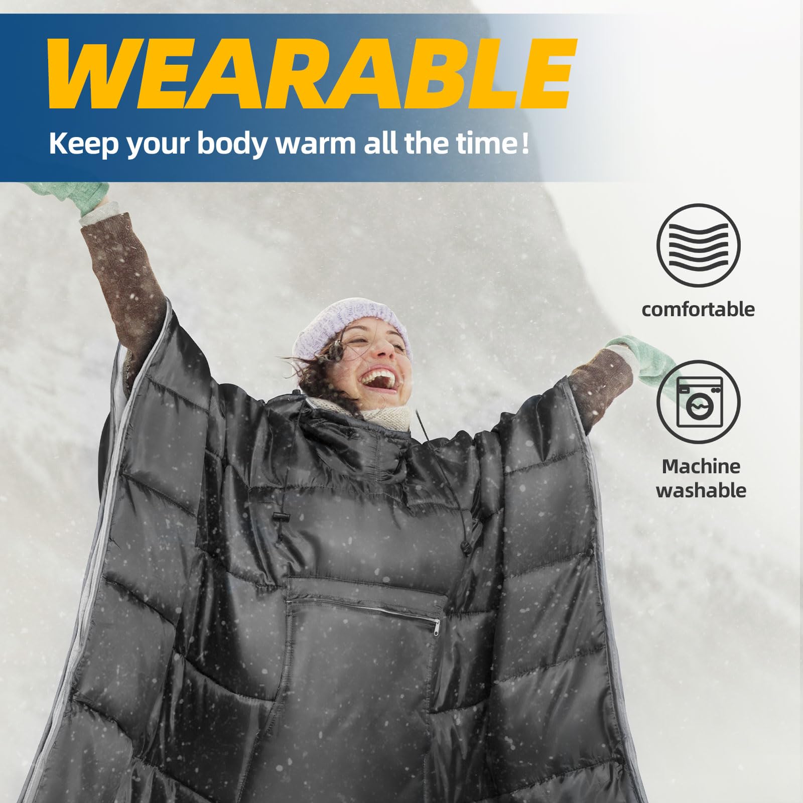 MAXOV Wearable Camping Blankets Extra Thickness, Large Warm Poncho Waterproof Packable Outdoor Puffy Sleeping Bag Windproof Hooded Camp Quilt Travel Hiking Backpacking Picnic Cold Weather