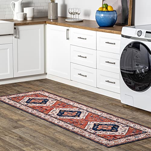 nuLOOM Carolyn Machine Washable Tribal Motif Ultra Thin Runner Rug, 2' 6" x 8', Rust