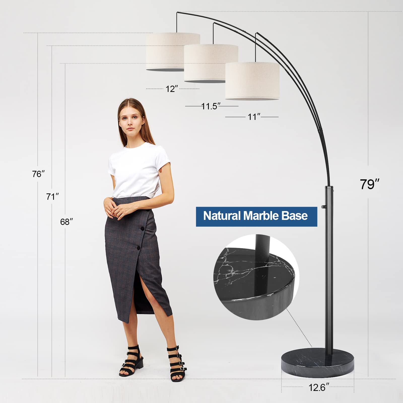 PARTPHONER Arc Floor Lamps for Living Room, Modern Black Floor Lamp Tall Standing Lamps, Multi-Arm Trilage Arched Floor Lamp for Bedroom Lounge Home Office, Light Beige Shades