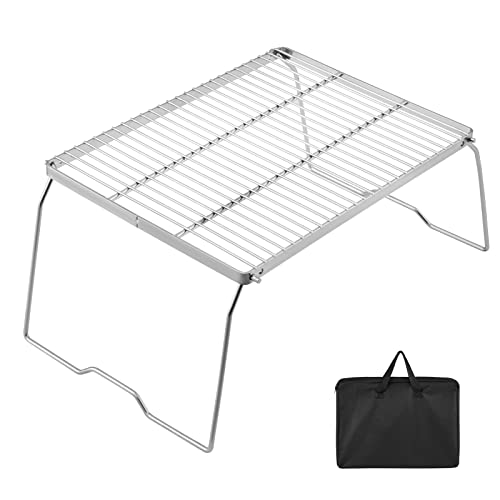 YETO Two Hight Camping Grill Grate with Legs 304 Stainless Steel Folding Campfire Over Fire Portable and Carrying Bag for Outdoor Cooking BBQ Picnic Hiking, Silver-Large, 16.3 x 12.2 x 8.6 inches