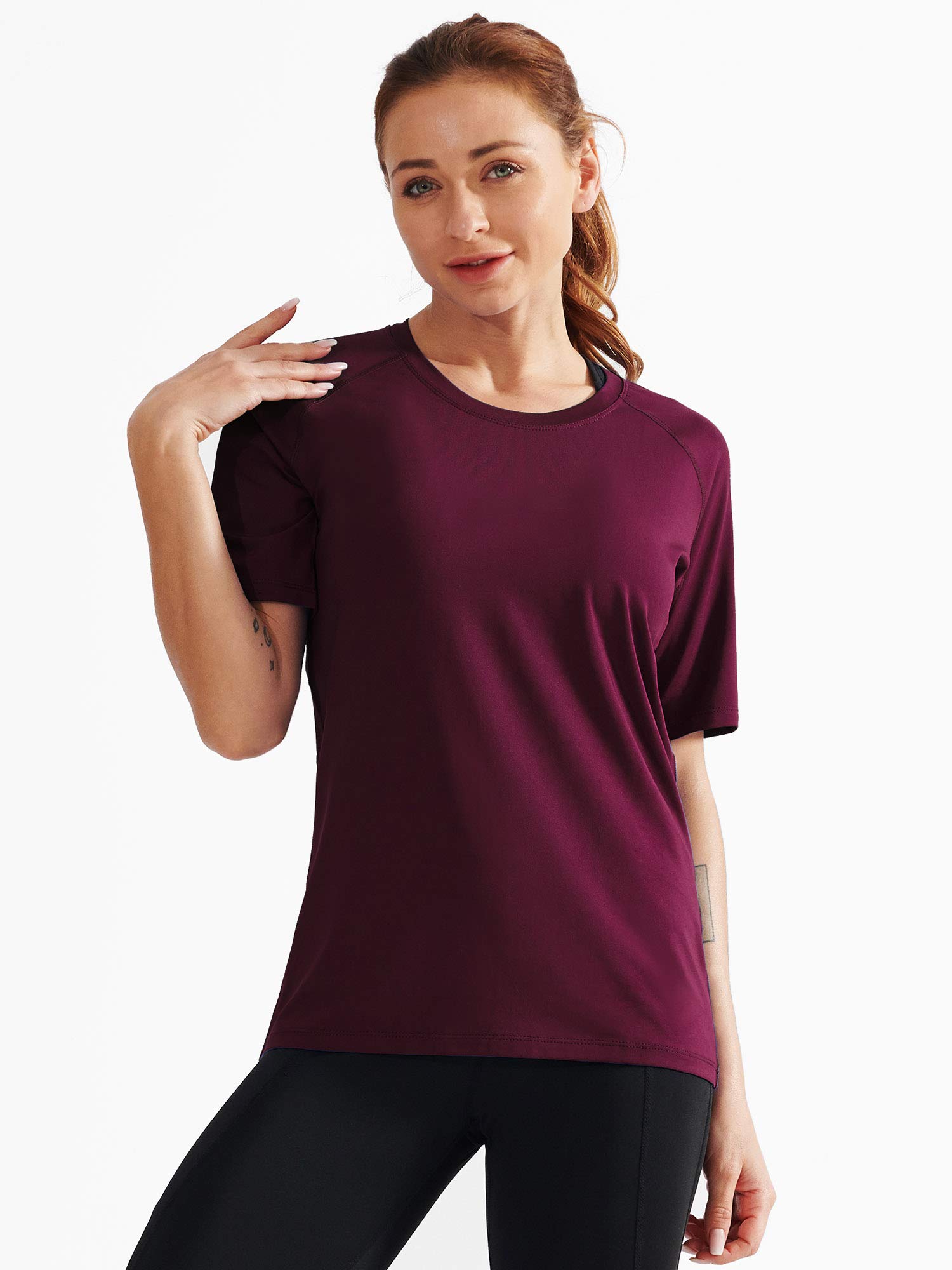NELEUS Women's Workout Running Shirts Short Sleeve Athletic Yoga Tops,3 Pack,Black,Grey,Burgundy Red,2XL