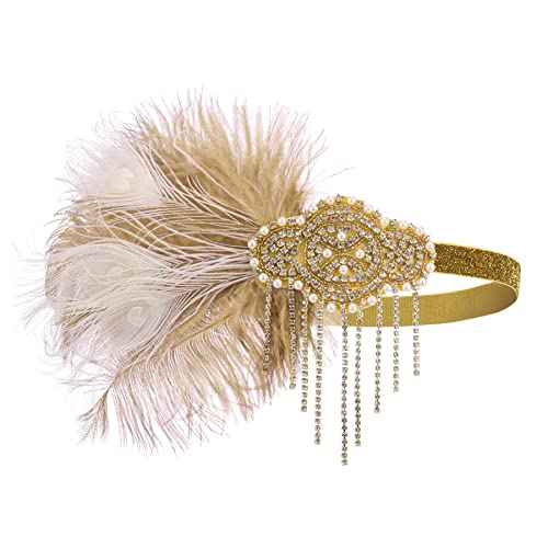 SWEETV Rhinestone Flapper Headband 1920s Headpiece, Great Gatsby Headpiece Flapper Hair Accessories for Women, Light Gold