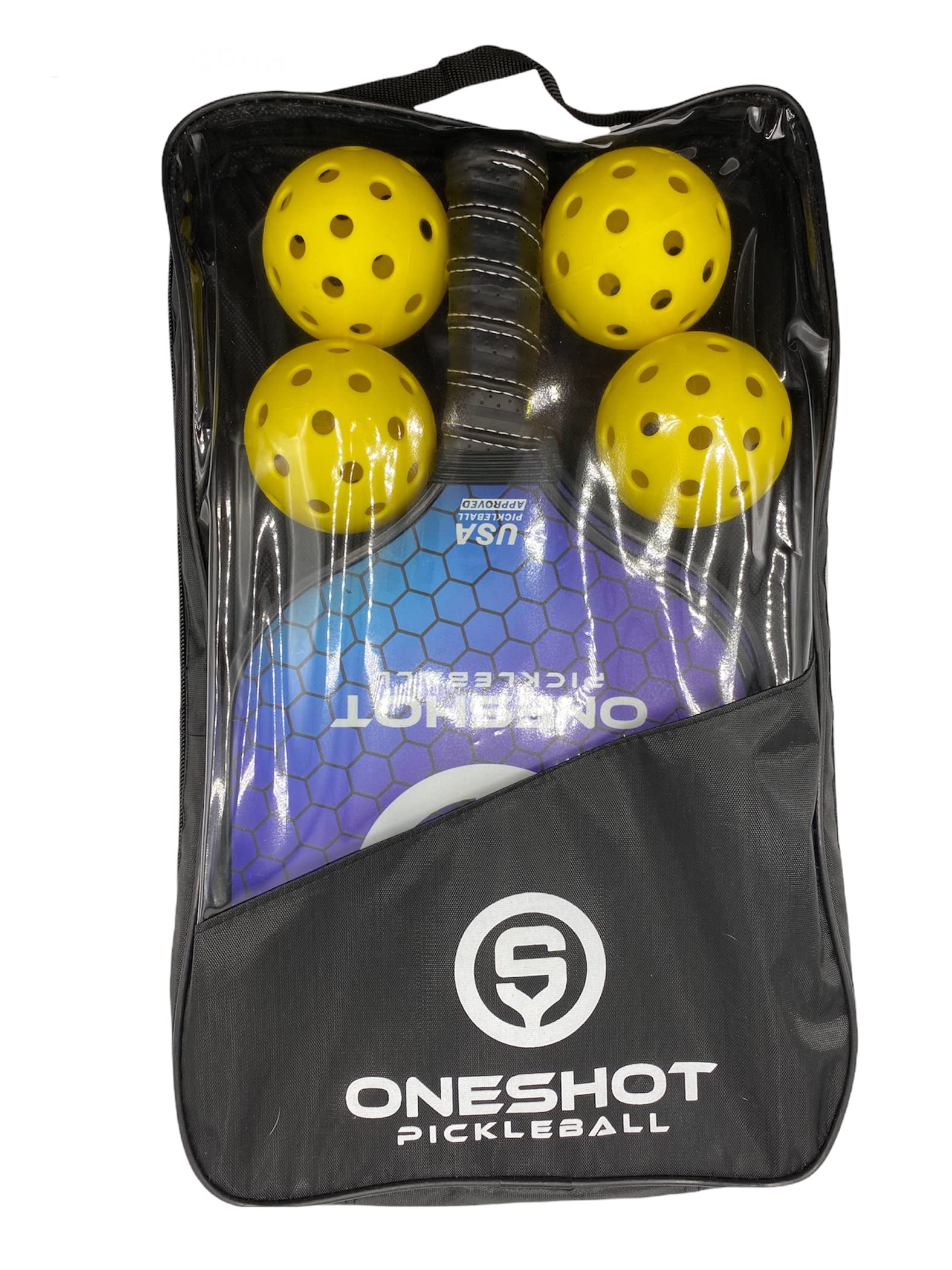 OneShot Pickleball Paddle Set | 2 Player Pack with Pickleballs and Paddle Bag | Polymer Honeycomb Core, Fiberglass Face | Lightweight