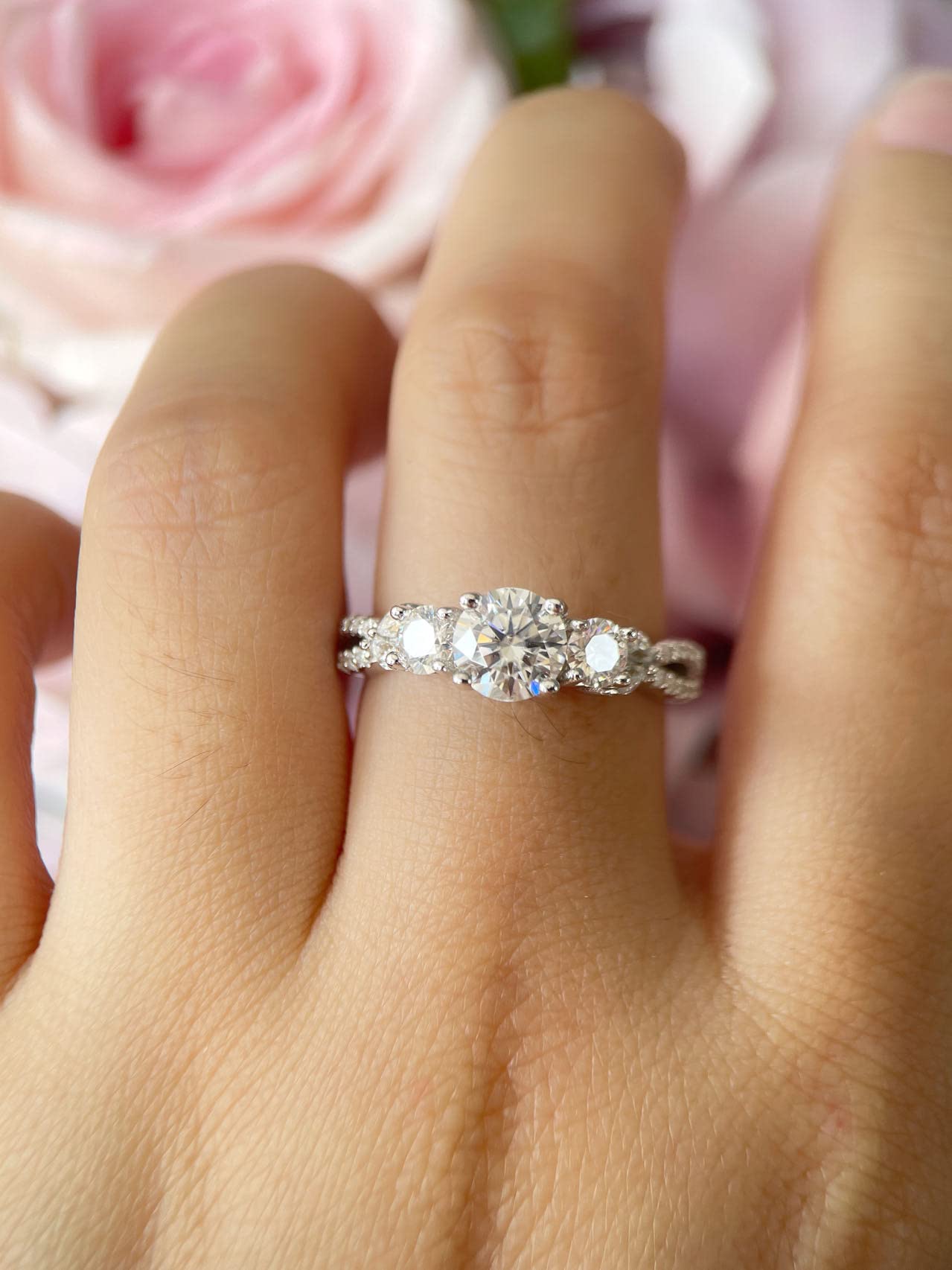ZLAEBL 1.8CT Engagement Rings for Women, Round Three Stone Moissanite Ring White Gold Plated Silver Moissanite Rings, Twisting Wedding Rings for Proposal Wedding,7