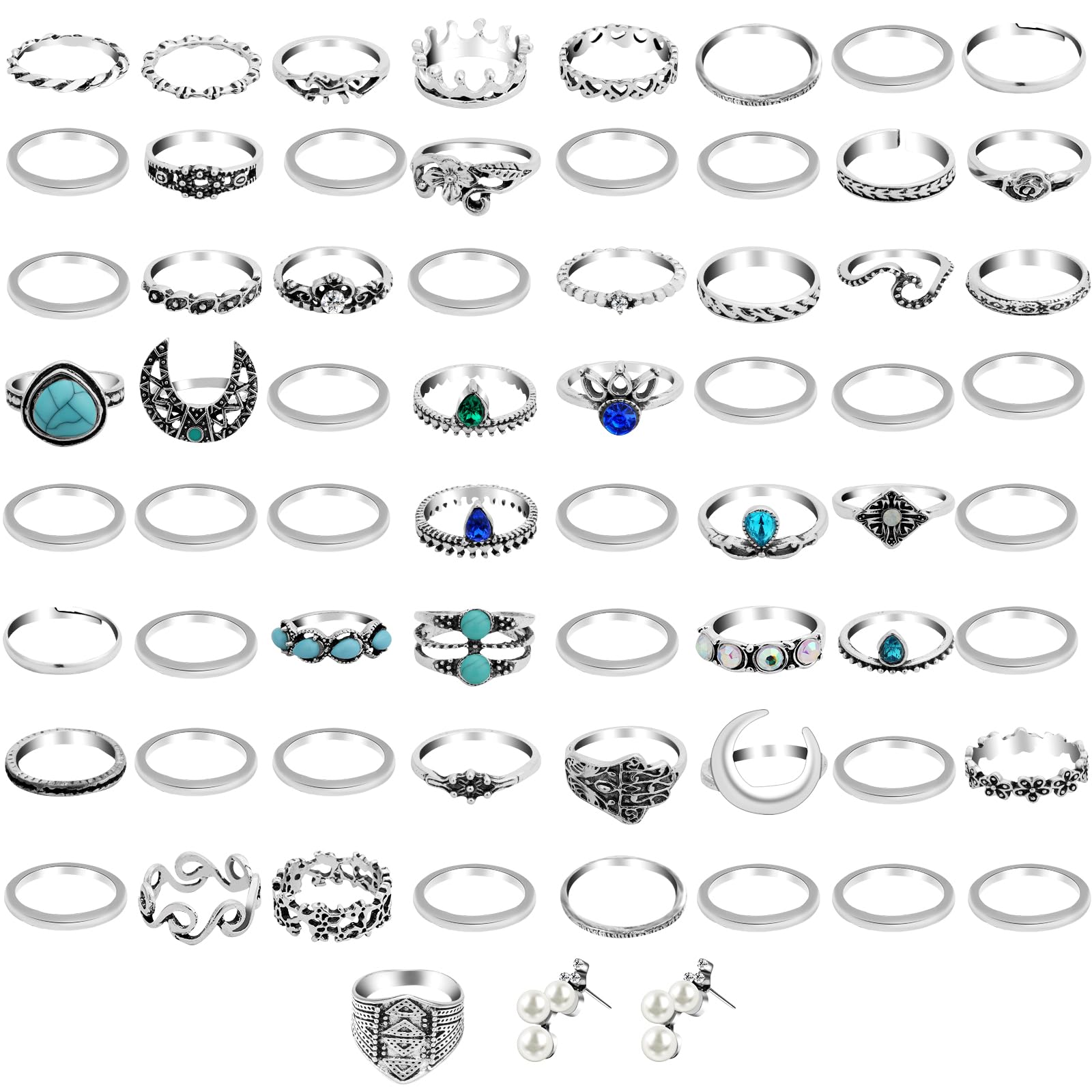 ONESING 67 Pcs Knuckle Rings for Women Stackable Rings Set Bohemian Retro Vintage Joint Finger Rings Hollow Carved Flowers Silver Knuckle Midi Rings