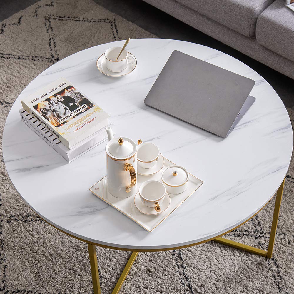 mecor Round Coffee Table, Modern Center Table with Faux Marble Surface top & Gold Metal Legs, Sofa Table for Living Room, Home Office - Marble/Gold