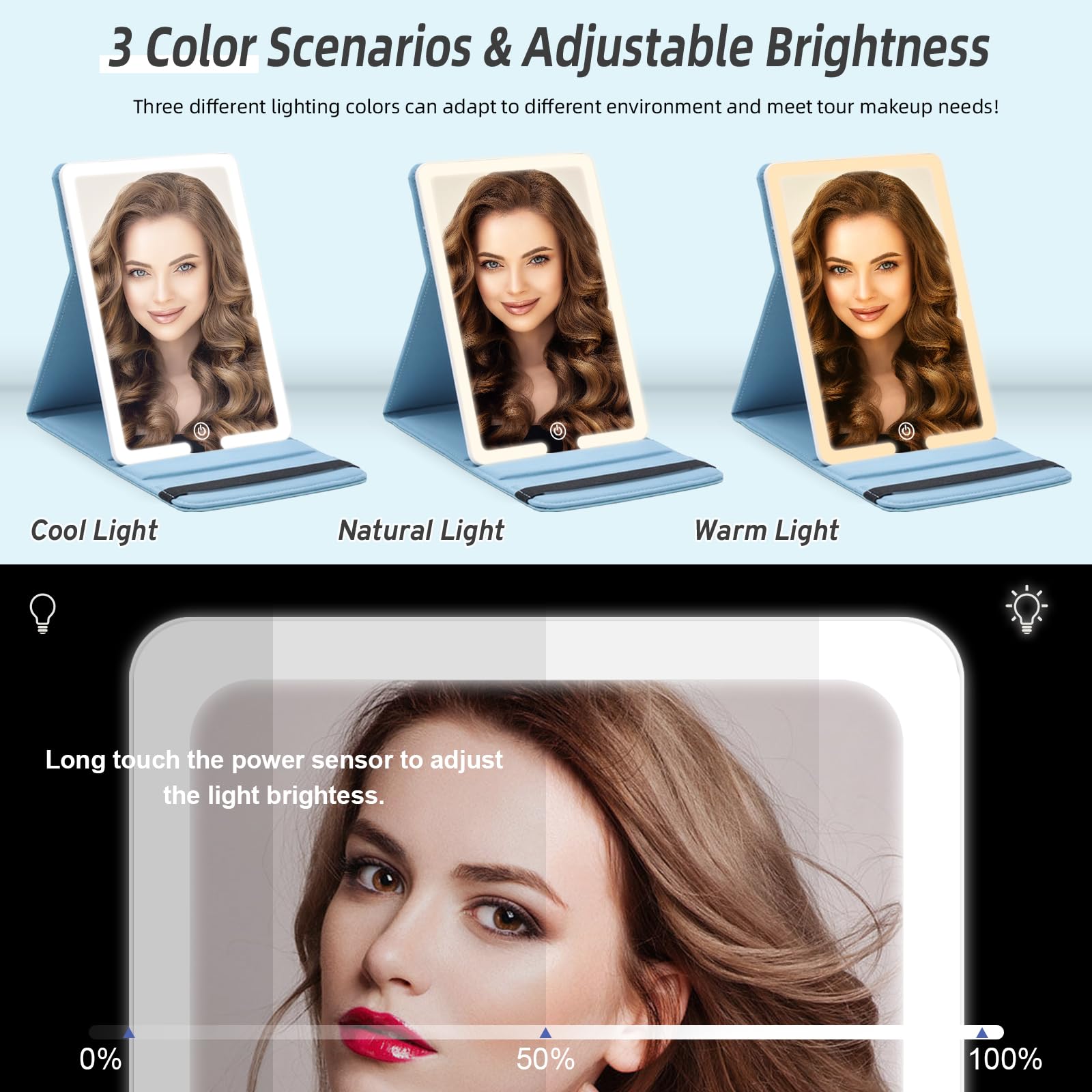 Travel Mirror with Light and Round 10X 20X Magnifying Mirror, PU Leather Travel Makeup Mirror with 3 Light Settings, Portable LED Lighted Makeup Mirror of 8 * 5.5inch, with 2000mAh (Set-Blue)