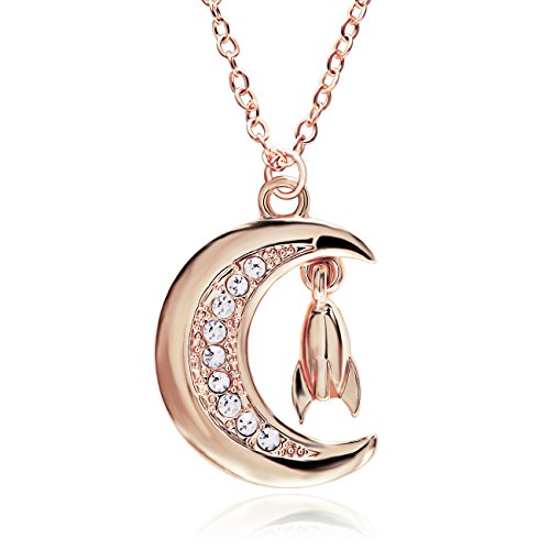 MANZHEN Gold Silver Tone Crystal Crescent Moon with Rocket Charm Pendant Necklace Moon Jewelry (Rose gold)