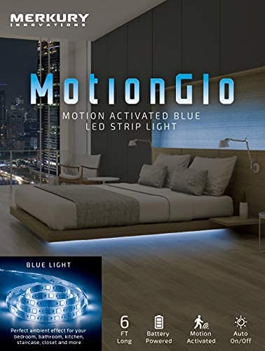 Merkury Innovations Motion Glo Motion Activated Blue LED Strip Light-Battery Operated LED Under Cabinet Lighting Motion Sensor, 6 Ft for Bed Stairs Wardrobe Lamp Tape, LED Closet Night Strip Light