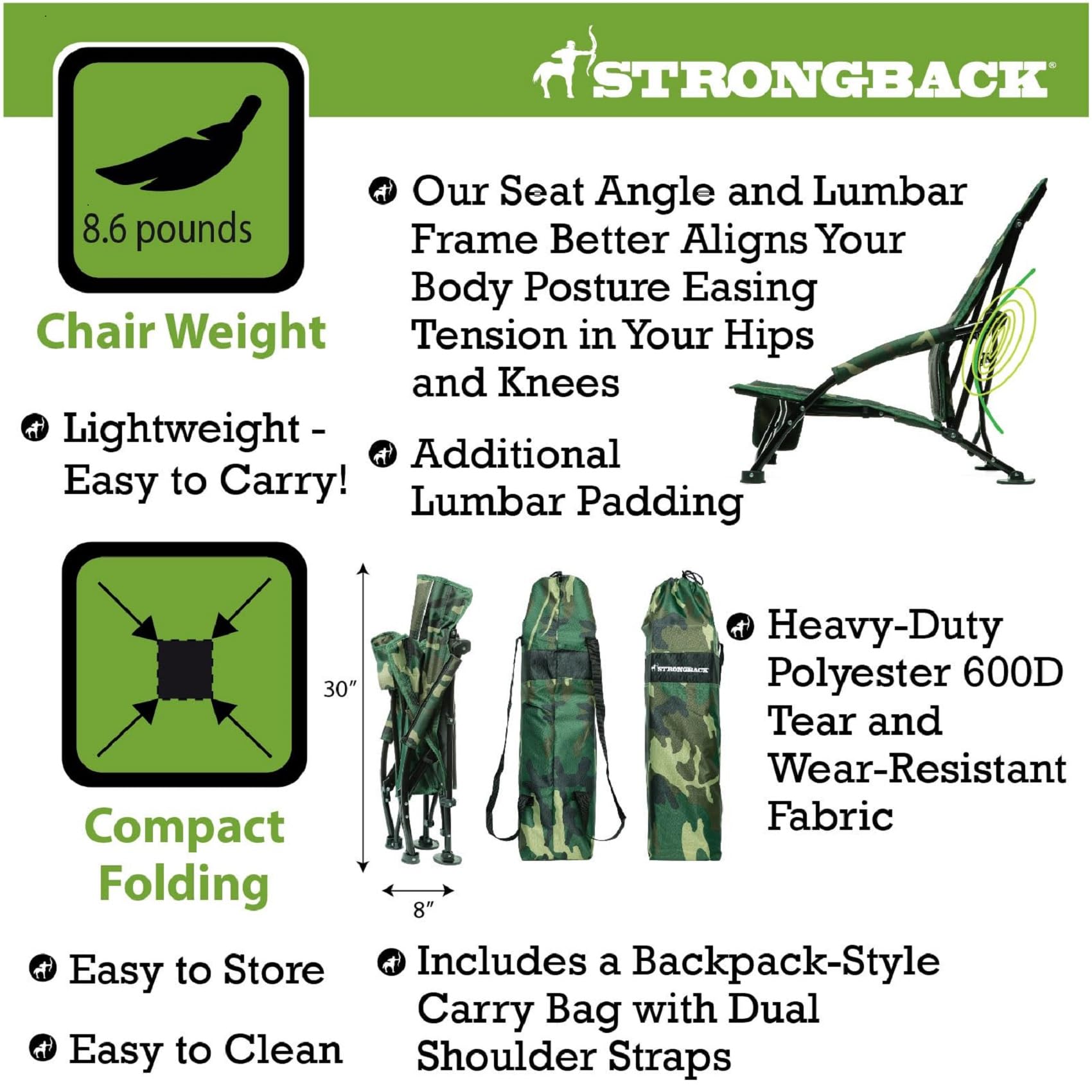 STRONGBACK Low Gravity Beach Chair with Built-in Lumbar Back Support, Heavy Duty Portable Folding Beach Chair for Adults, Camo