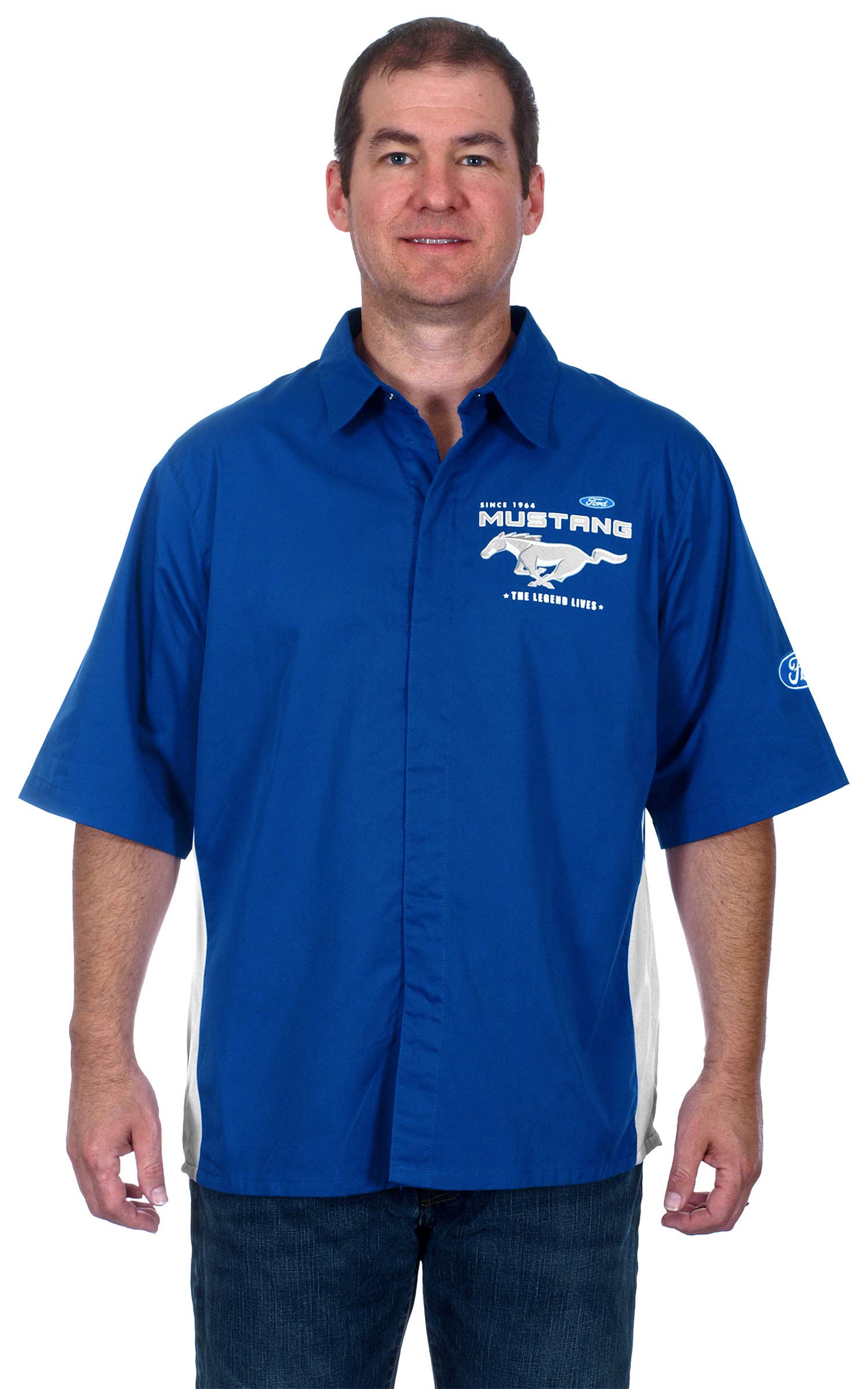 Men's Ford Mustang T-Shirt a Snap Down Royal Pit Crew Shirt (Large, Royal Blue)
