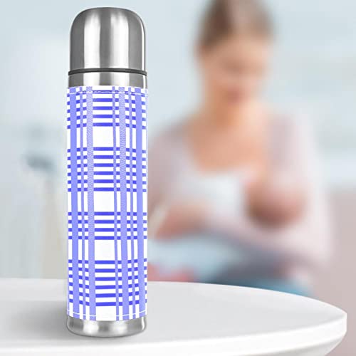 Stainless Steel Leather Vacuum Insulated Mug Purple Plaid Thermos Water Bottle for Hot and Cold Drinks Kids Adults 16 Oz