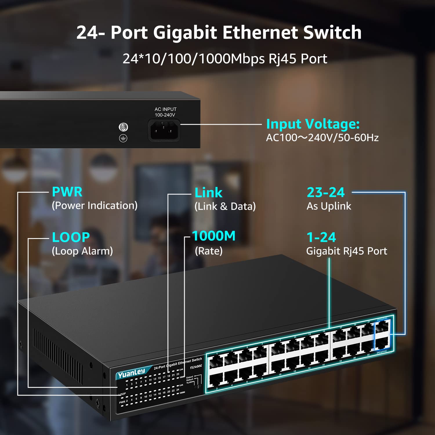 YuanLey 24 Port Gigabit Ethernet Switch, VLAN, Extend 250m, Fanless Metal Rackmount Unmanaged Plug and Play Network Switch