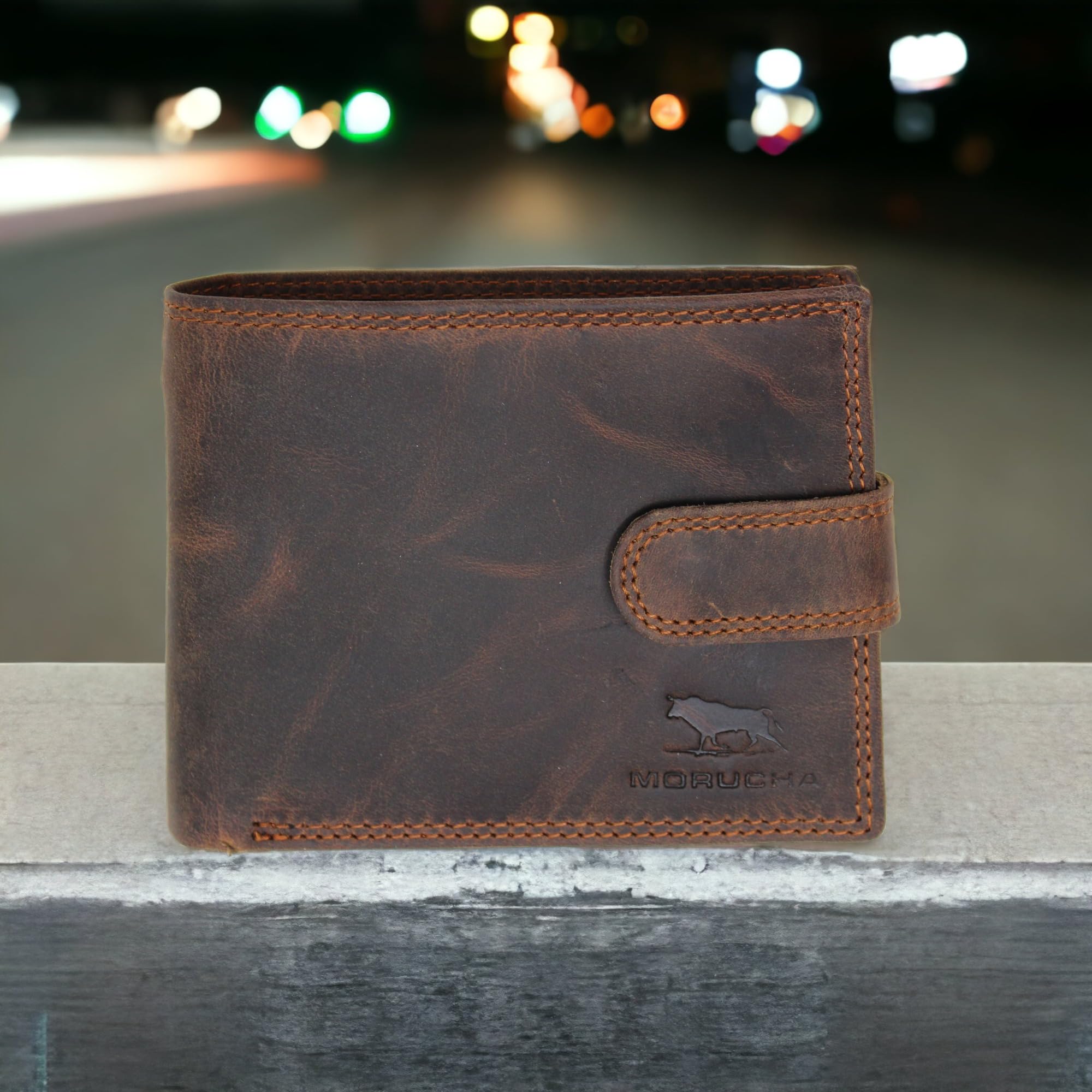 MORUCHA Wallets Men Anti-Theft RFID Blocking Bifold Leather Wallet Genuine Distressed Hunter Leather Passcase Wallet Money Cards Coin Organiser Purse Gift For Men M80 Dark Brown