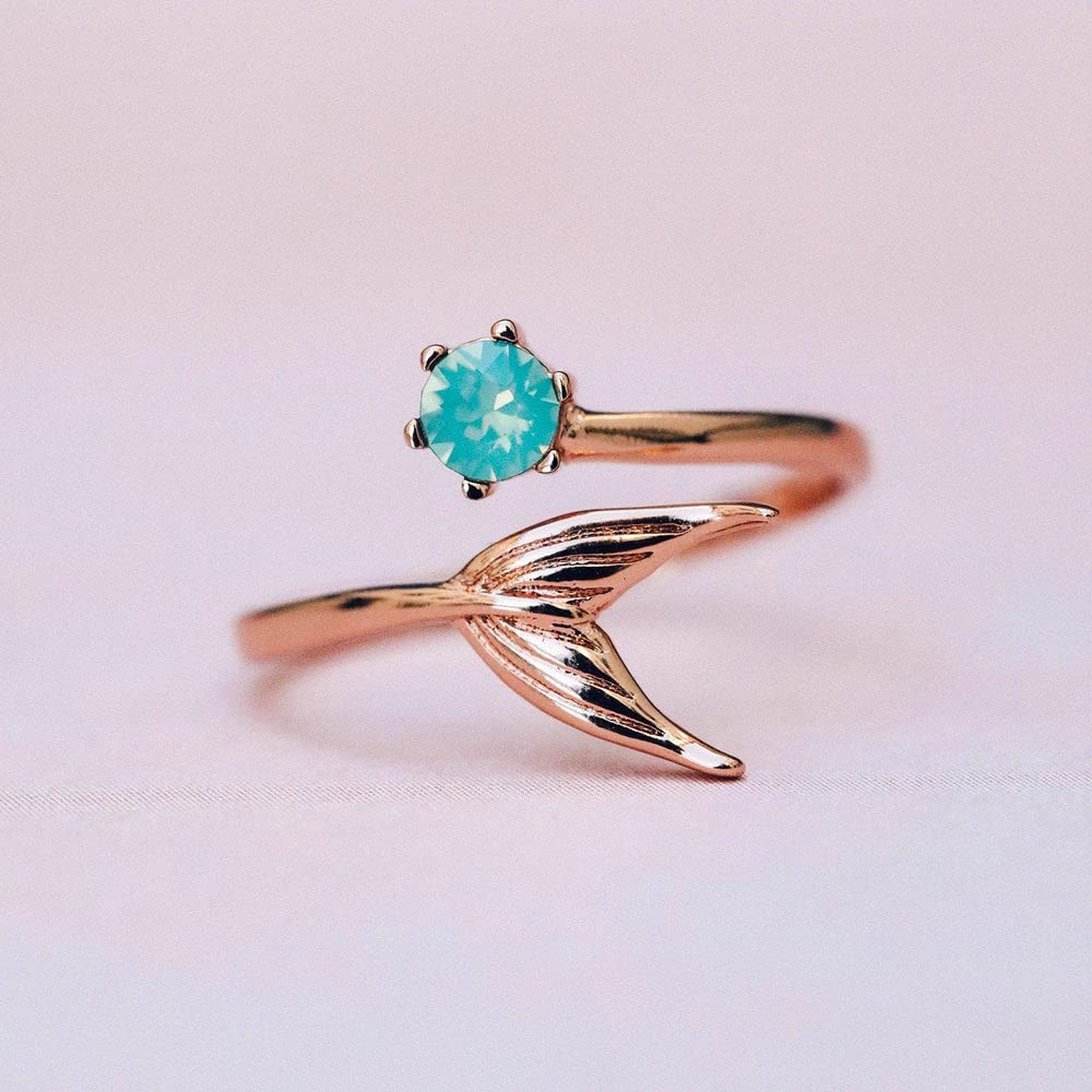 Pura Vida Rose Gold Disney Little Mermaid Fin Open Ring w/Opal Stone - Textured Charm, Brass Base - Size 7