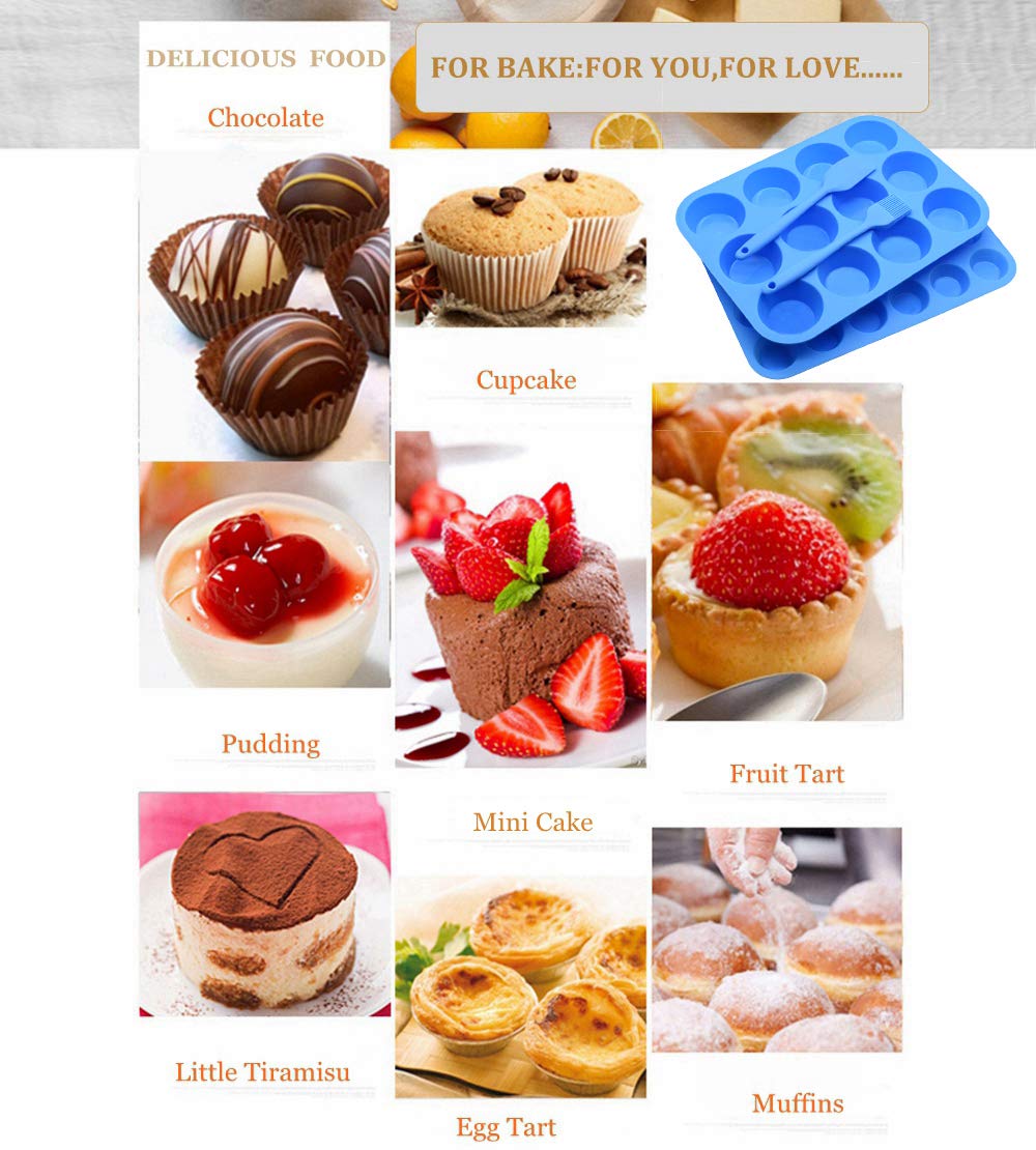 Silicone Muffin Pan Cupcake Set β Non-Stick 12 Cups and Mini 24 Cups,Silicone Baking Molds,BPA Free Muffin Tin with 1 Silicone Spatula & 1 Oil Brush (blue)