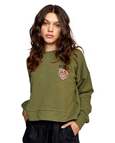RVCA Women's Graphic Fleece Pullover Crew Neck Sweatshirt, Heritage/Dark Moss, Small