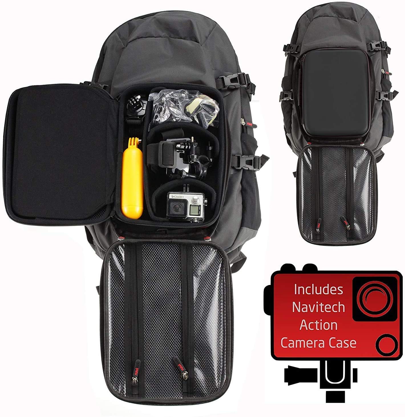 Navitech Action Camera Backpack & Grey Storage Case With Integrated Chest Strap - Compatible With The AKASO V50 PRO Action Camera