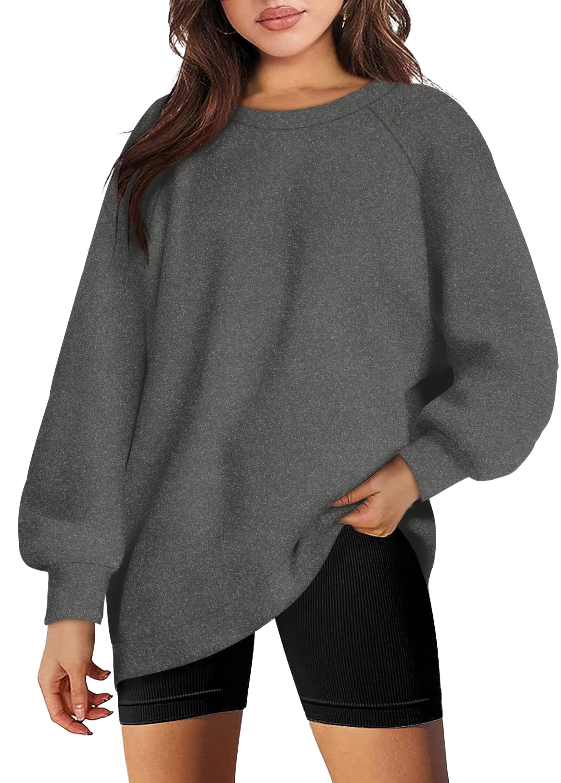 OFEEFAN Womens Sweatshirts Pullover Oversized Long Sleeve Casual Comfy Hoodie Fall Lightweight Shirts Round Neck Y2K Trendy Sweatshirt Grey S