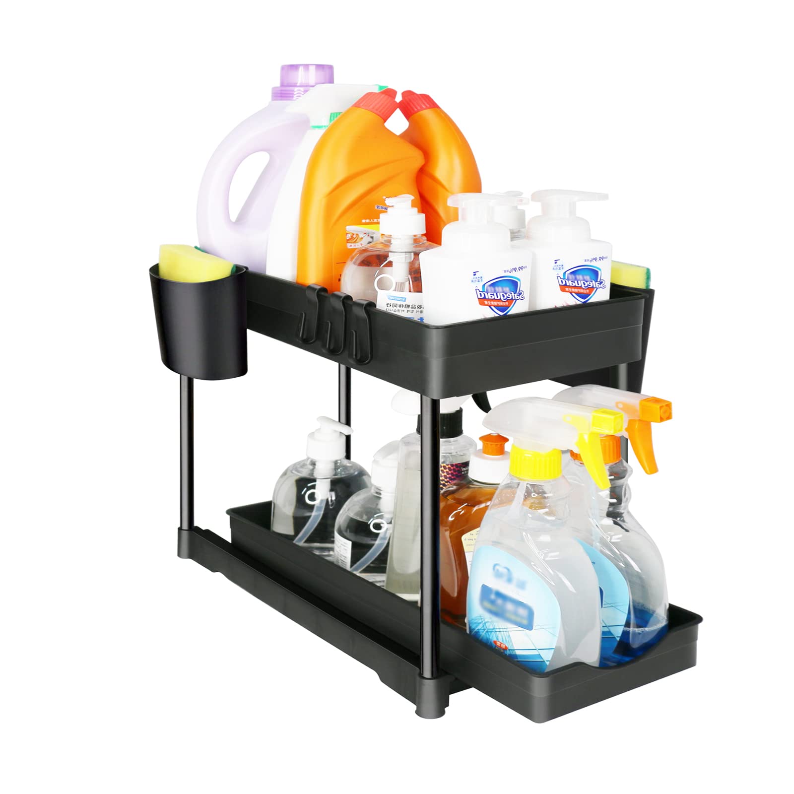 sulela Under Cabinet Basket Organizer and Storage with Sliding Drawer, 2 Tier Under Sink Storage Rack with 4 Hooks, Under Sink Organizers and Storage Black Under Sink Storage for Bathroom Kitchen