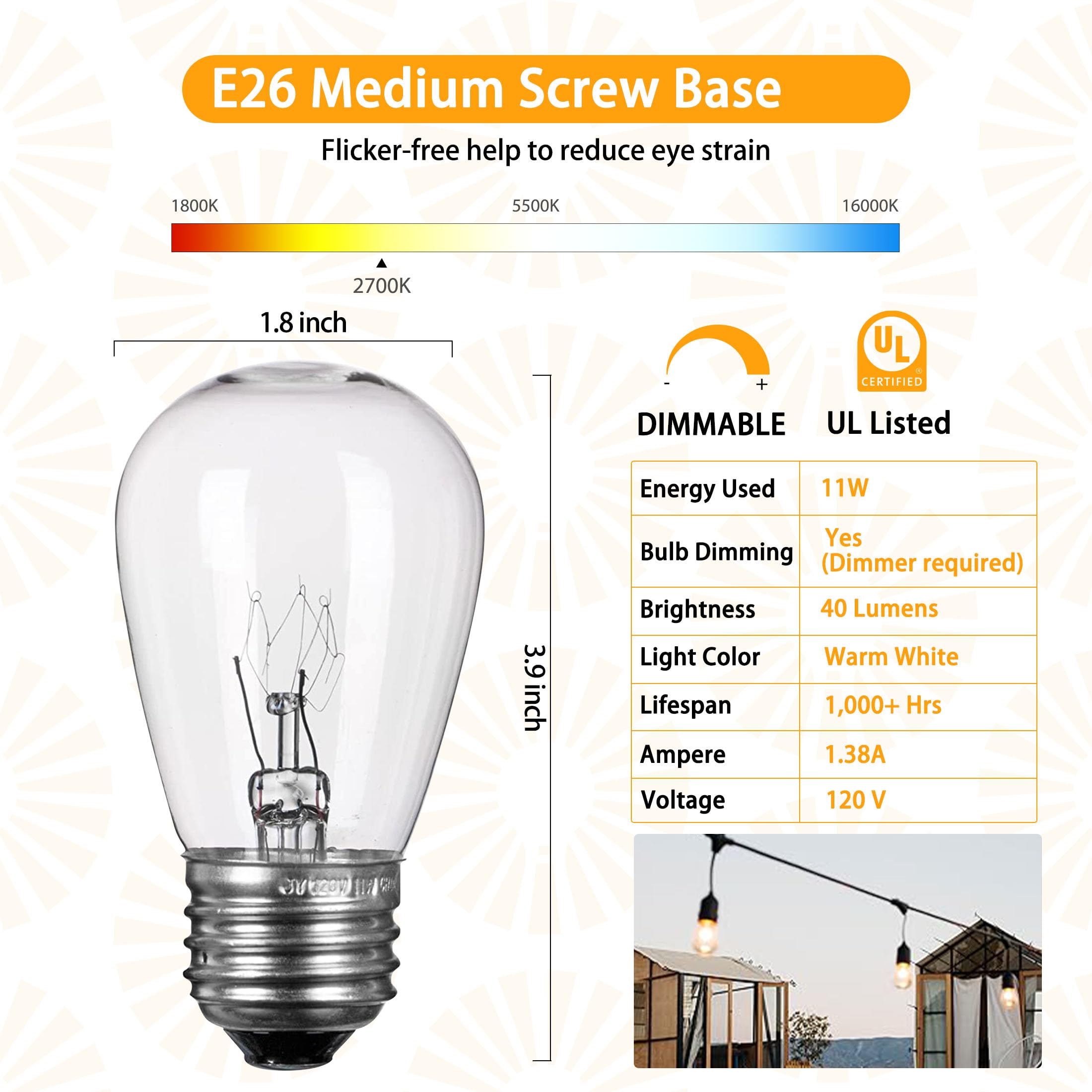 Minetom 20Pack S14 Replacement Light Bulbs - 11 Watt Warm Incandescent Edison Light Bulbs with E26 Medium Base for Commercial Grade Outdoor Patio String Lights