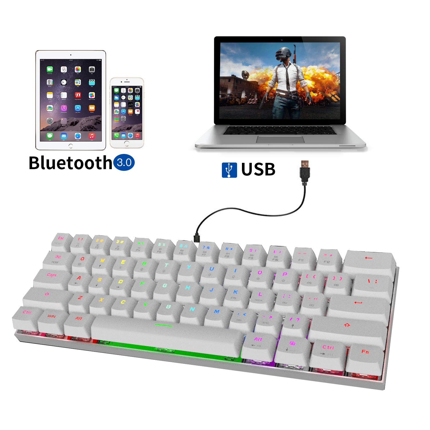 MOTOSPEED 60% Dual-Mode BT5.0/Type-C Mechanical Keyboard, 61 Keys Bluetooth Mechanical Keyboard,Gaming/Office Keyboard for PC/Mac Gamer (Blue Switch, White)