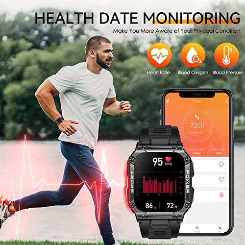 Military Smart Watch for Men with Compass, 1.95'' Rugged Tactical Smartwatch with Bluetooth Calling Message Reminder Heart Rate Sleep Monitor 100+ Sport Mode Big Battery Calculator for iPhone Android