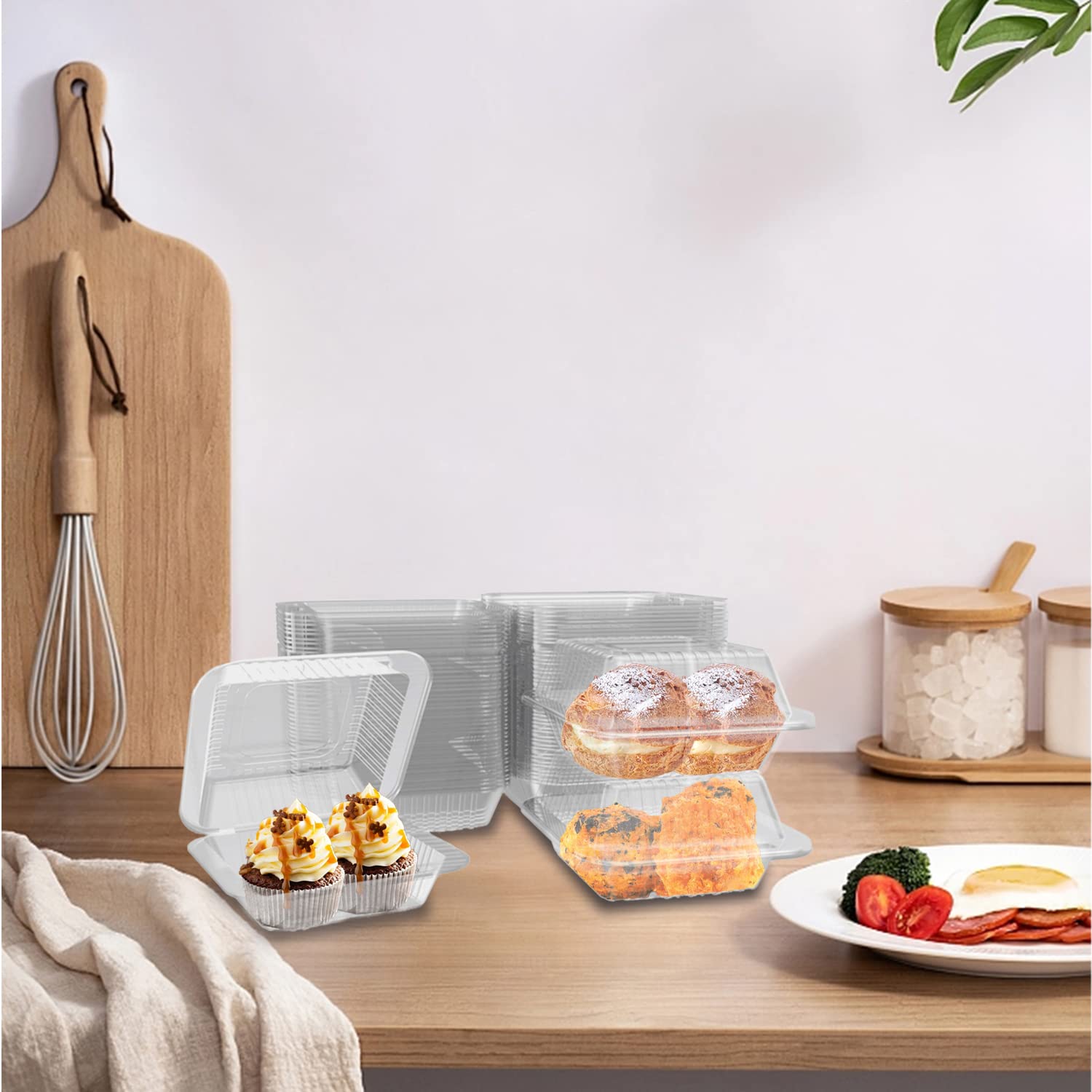 MFDSJ 200 Pcs Disposable Clamshell Dessert Container, 5.32x4.7x2.75 inches Clear Plastic Take out Containers, for Salads, Sandwiches, Hamburgers