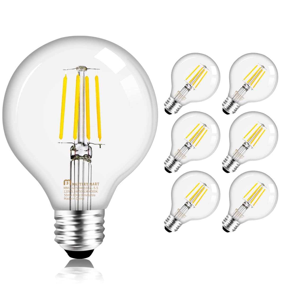 MASTERY MART G25 Globe Light Bulbs Dimmable, E26 Base Bulb [60W Equivalent] 5.5W LED, 4000K Cool White, Edison Vintage Style Decorative Filament Bulb for Bathroom Mirror, UL, Energy Star, 6 Pack