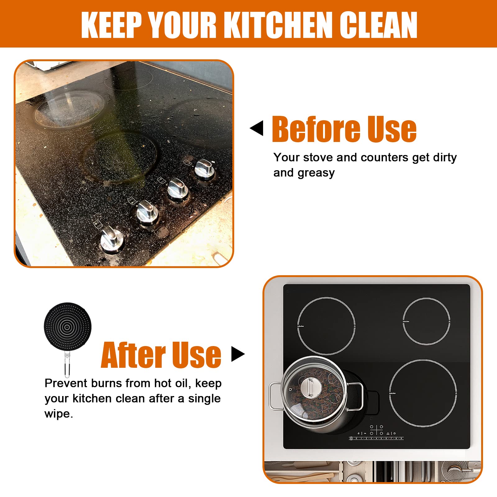 Silicone Splatter Screen for Frying Pan 13”, Foldable Grease Splatter Guard Heat Resistant Oil Splash Guard - Stop Hot Oil Splatter, Pan Strainer, Pan Cover, Non Stick, Multi-Use, Black