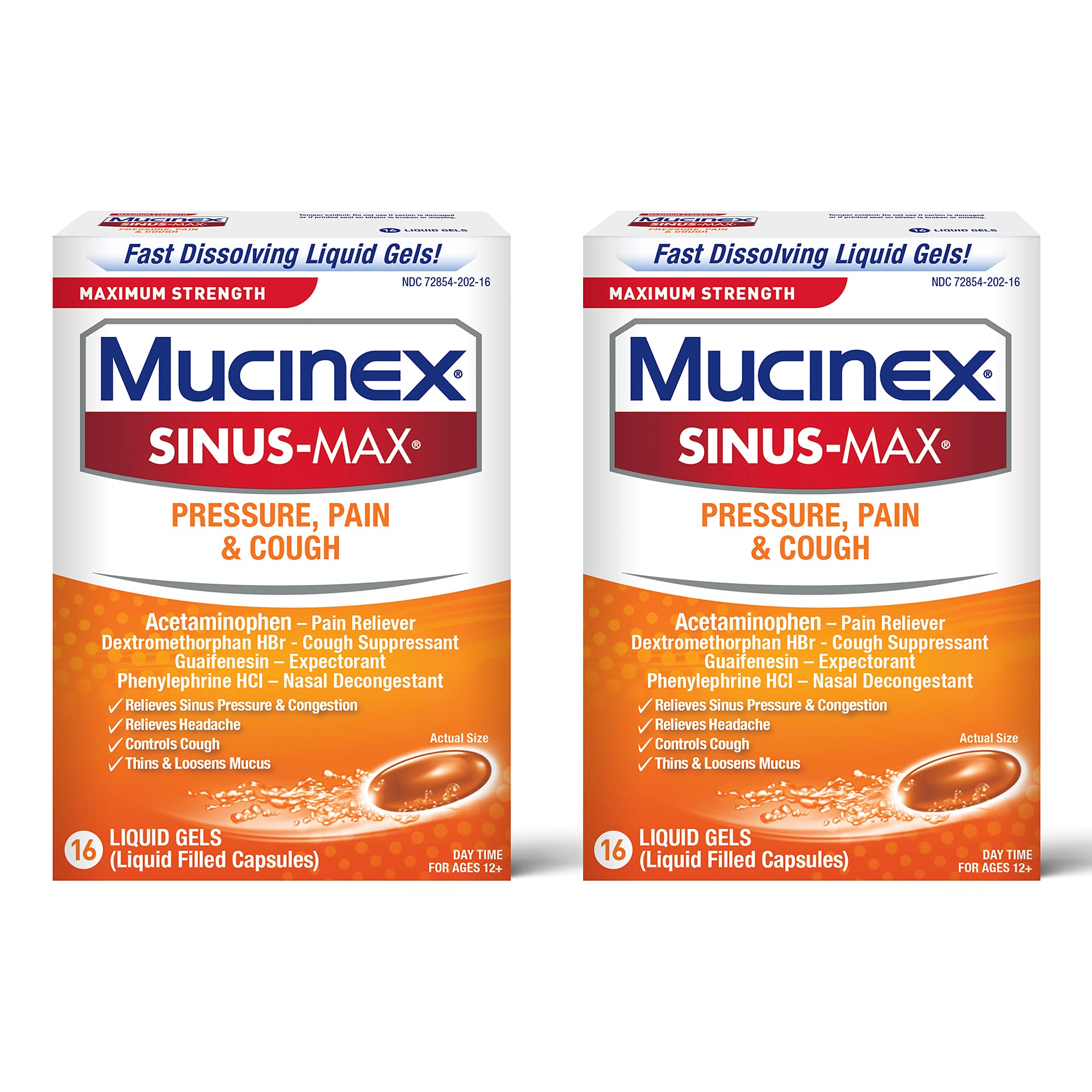 Mucinex Sinus-Max Max Strength Pressure, Pain & Cough Liquid Gels 16 ea ( Pack of 2)