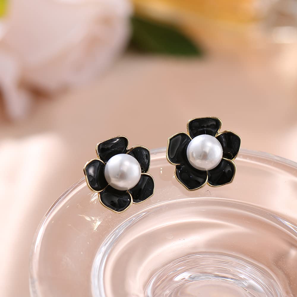 Stud Earings 14K Gold Plated 925 Sterling Silver Post Rose Flower & Pearl Stud Earrings for Women (white)