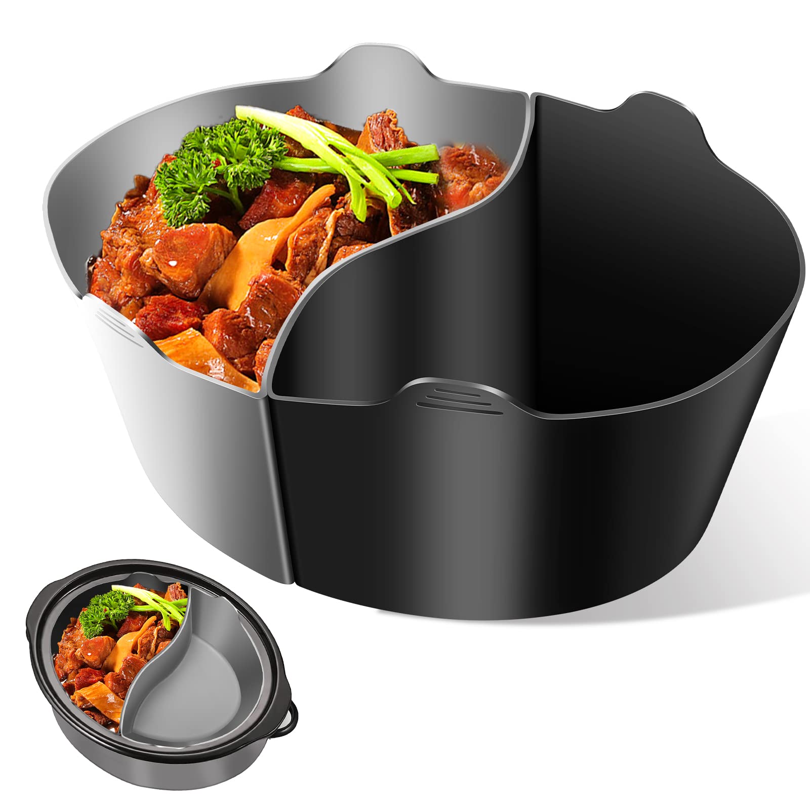 Silicone Slow Cooker Liners Fit 6 QT, Silicone Slow Cooker Divider Liner, Reusable/BPA Free/Leakproof/Slow Cooker Accessories Cooking Liner Dishwasher Safe Cooking Liner for 6 Quart Pot (Grey+Black)