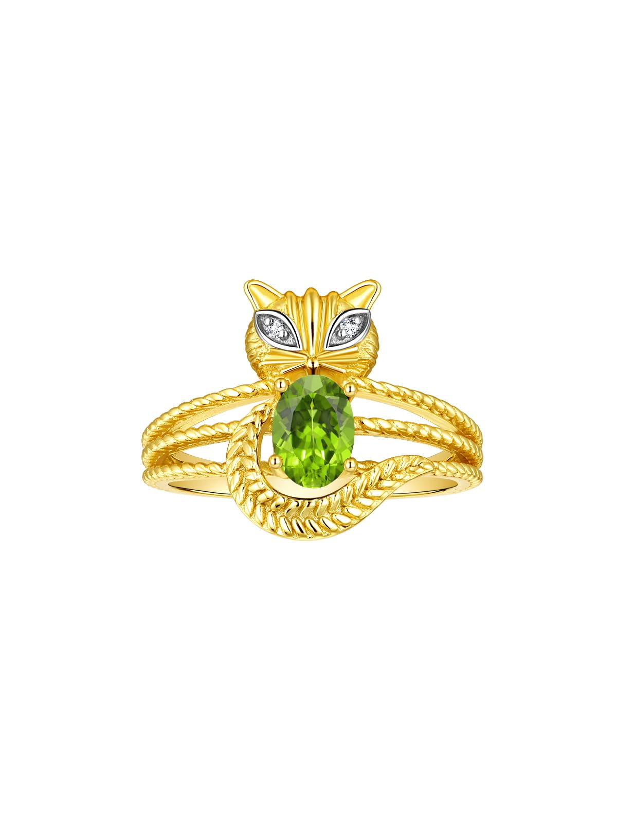 Rylos Rings for Women 14K Gold Plated Silver CAT Ring 7X5MM Oval Gemstone & Sparkling Diamonds August Peridot Jewelry Size 8