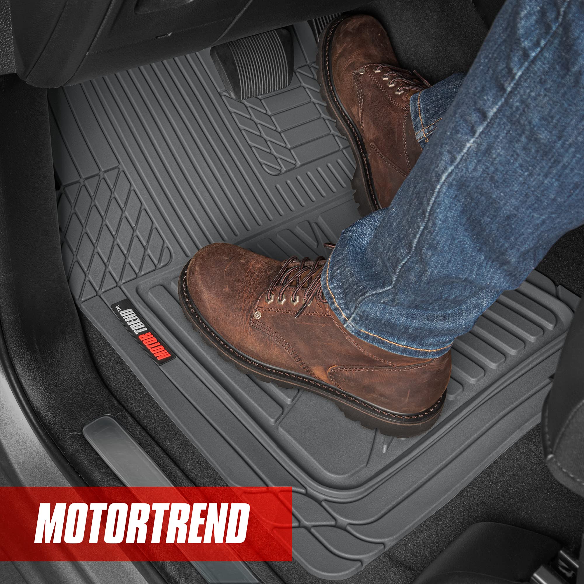 Motor Trend FlexTough Advanced Gray Rubber Car Floor Mats with Cargo Liner Full Set - Front & Rear Combo Trim to Fit Floor Mats for Cars Van SUV, All Weather Automotive Floor Liners