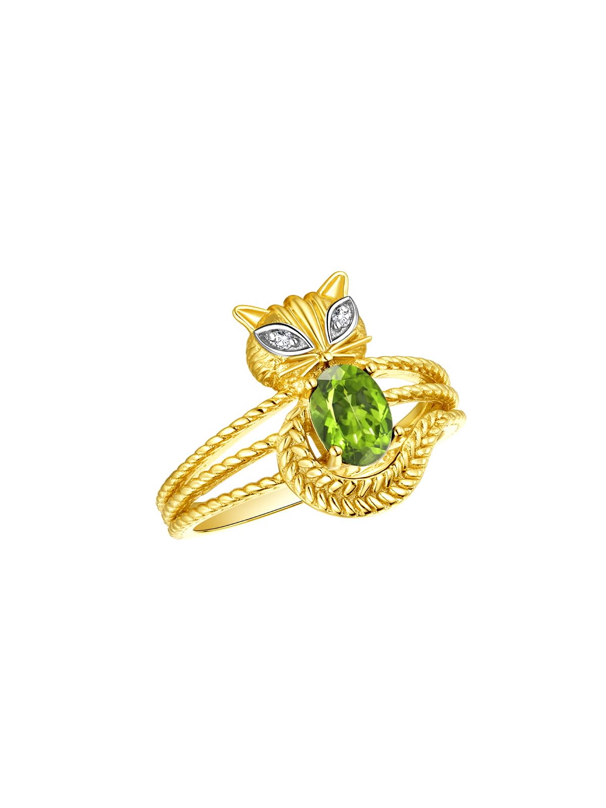 Rylos Rings for Women 14K Gold Plated Silver CAT Ring 7X5MM Oval Gemstone & Sparkling Diamonds August Peridot Jewelry Size 8