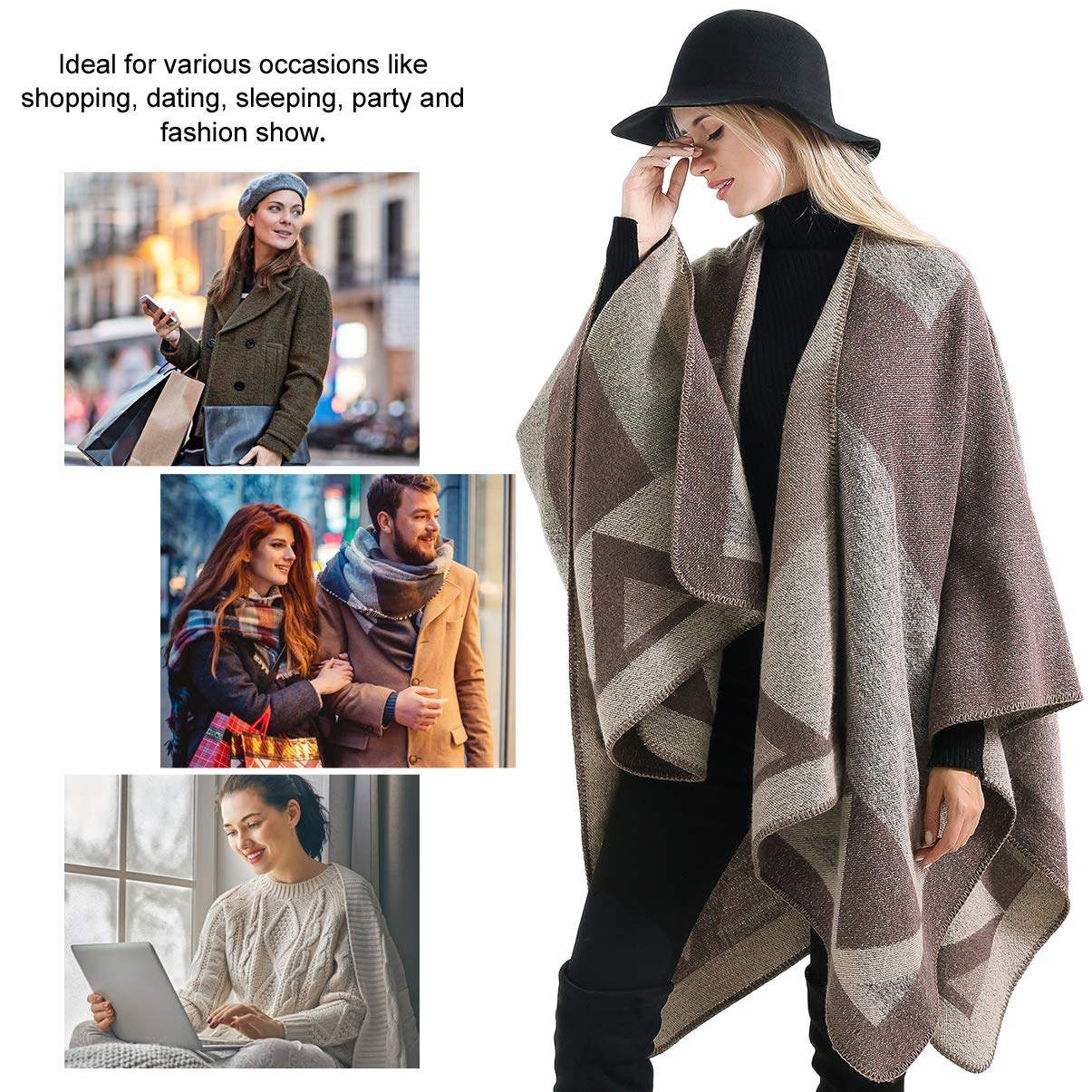 OOPOR Winter Warm Shawl Wraps Cape - Women Fall Knit Wool Plaid Ponchos Blanket Sweater fleece Scarf Coat